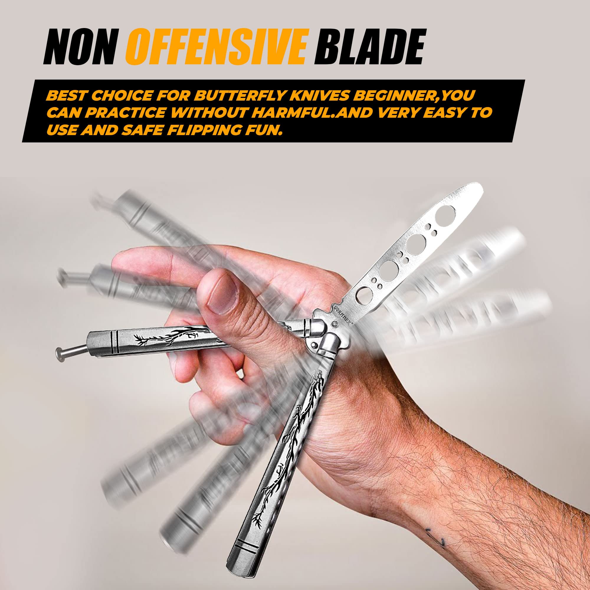 VORNNEX Practice Butterfly knife Trainer with Sure Spring Latch, Full Stainless Steel Black Dull Balisong, Unsharpened Butterfly knives Comb for CSGO Training(Silver)