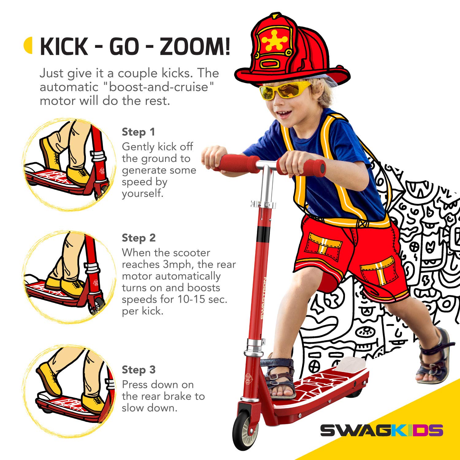 Swagtron SK1 Kick Start Electric Scooter for Kids with Extended Life Battery, ATSM Certified, Adjustable, Ages 5+, Firetruck Red