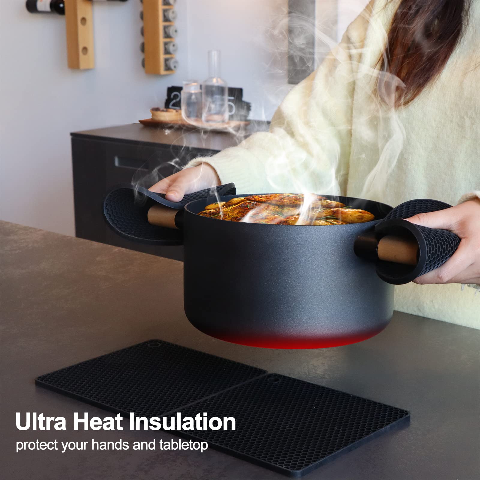 Silicone Trivets for Hot Dishes - 4 Heat Resistant Mats for Countertops, Multipurpose Non-Slip Hot Pads for Kitchen Potholders, Jar Opener, Spoon Holde, Food Grade Silicone(Black)