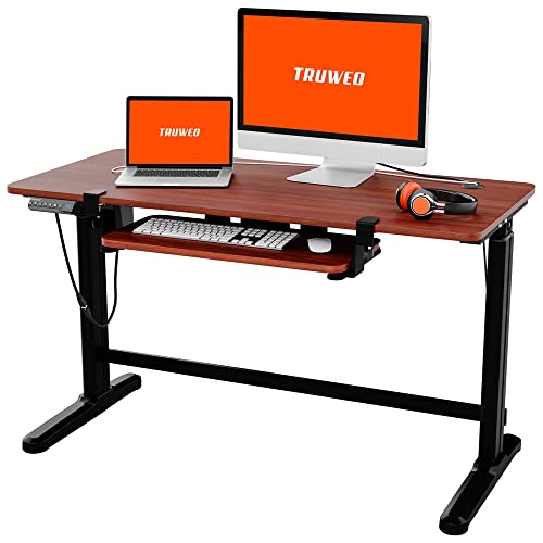 Truweo Adjustable Electric Standing Desk β 50 x 23.6 inches Sit to Stand Office Desk with Cable and Sliding Keyboard Tray β 3 Controlled Memory Height Settings β Anti-Scratch Surface β Brown