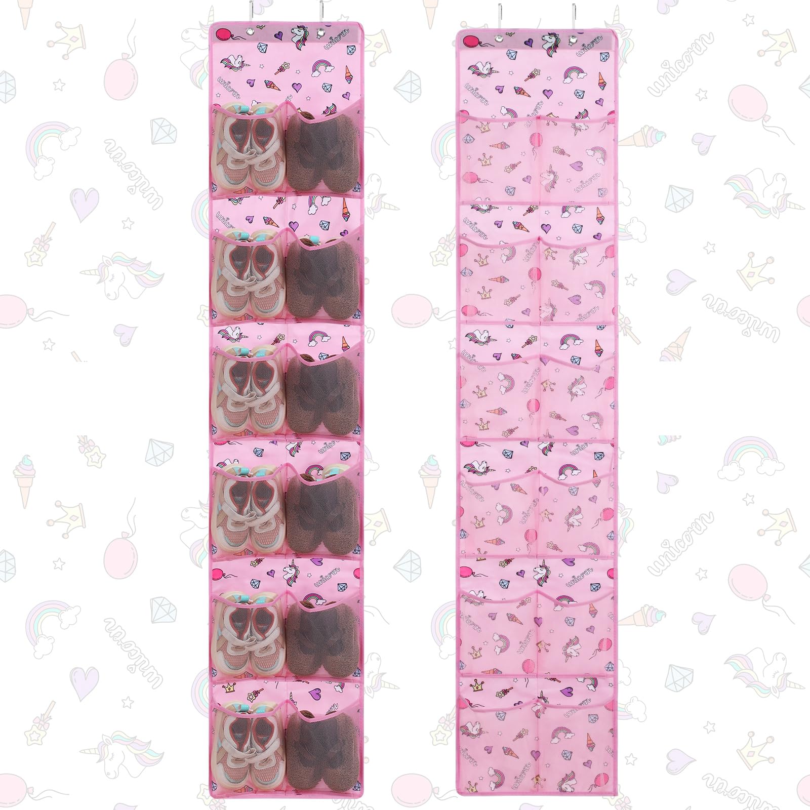 Windyun 2 Pcs Unicorn Kids Shoe Organizer Water Bottle Organizer Baby over the Door Shoe Rack Hanging Girls Pink Shoe Storage 12 Mesh Pocket for Back to School Door Closet Bedroom Wall