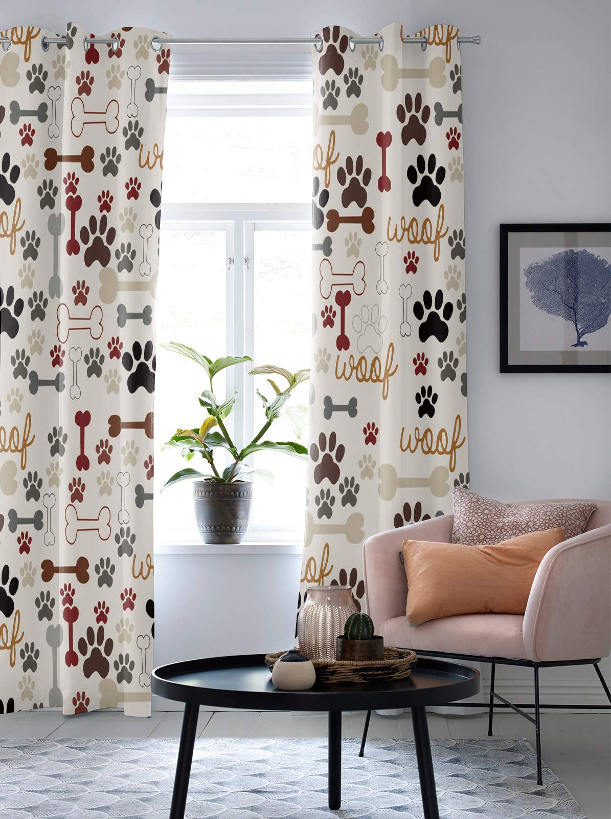 T&H Home Draperies & Curtains, Cutly Dog Pug for Pet Lover Window Curtain, 2 Panel Curtains for Sliding Glass Door Bedroom Living Room, 80" W by 63" L