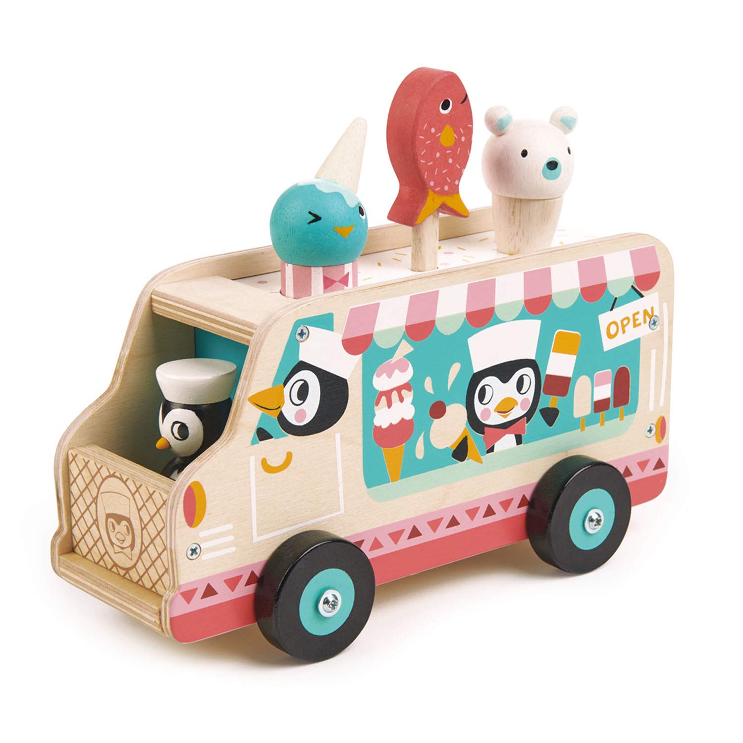 Tender Leaf Toys - Penguinβs Gelato Van - Food Truck Style Pretend Play, Ice Cream and Ice Lolly Wooden Vehicle - Encourage Role Play and Develops Social Skills for Children - Age 18m+