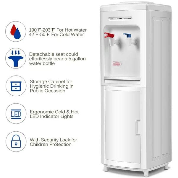 Water Cooler Dispenser for 3-5 Gallon Bottle, Top Loading Hot and Cold Water Dispenser with Storage Cabinet, Child Lock, Water Cooler with Compression Refrigeration Technology, White