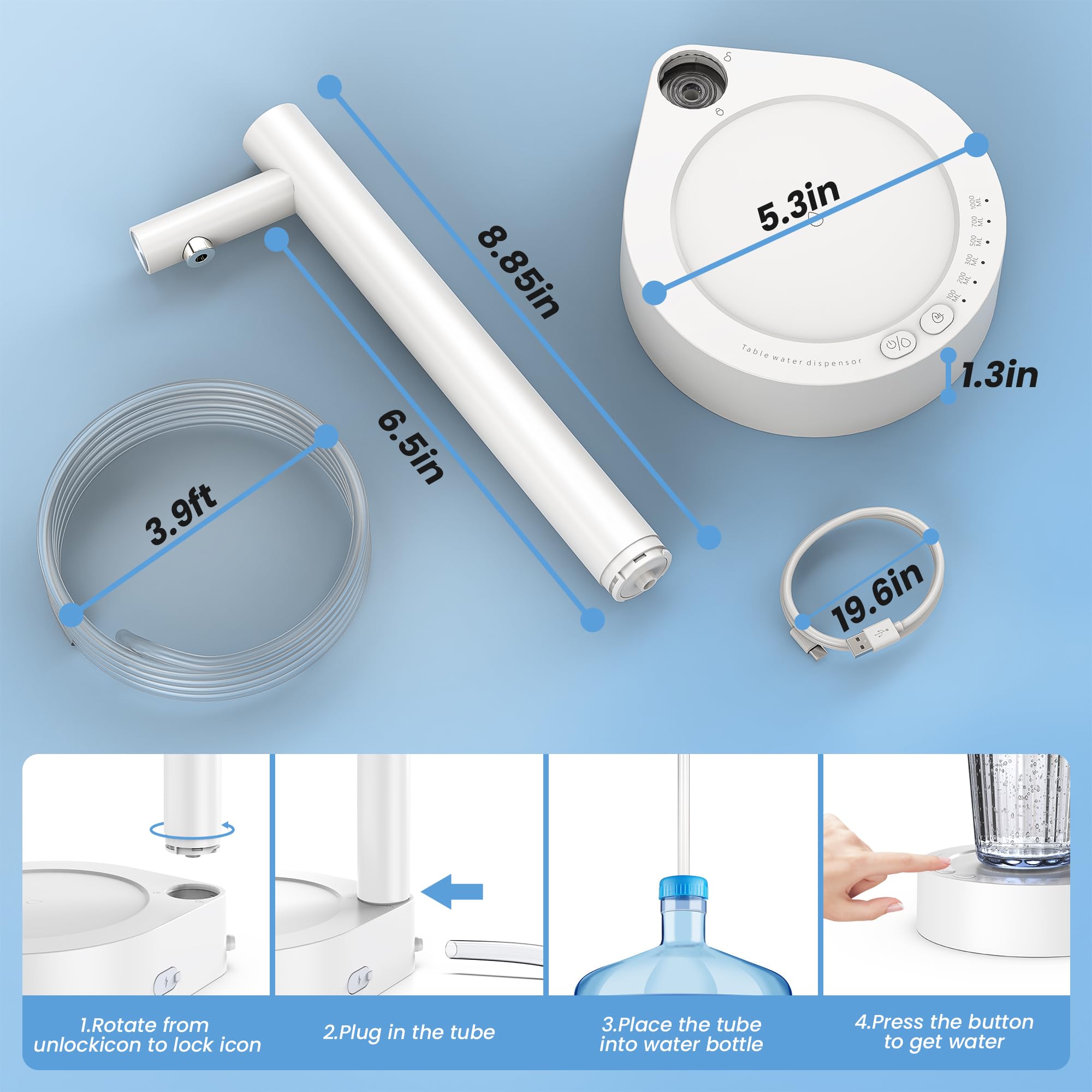 Water Dispenser for 5 Gallon Bottle - Smart Table/Desktop Water Dispenser with 7 Level Quantitative, Universal 1~5 Gallon Bottle Pump, Type-C Charging for Home Office Camping Travel