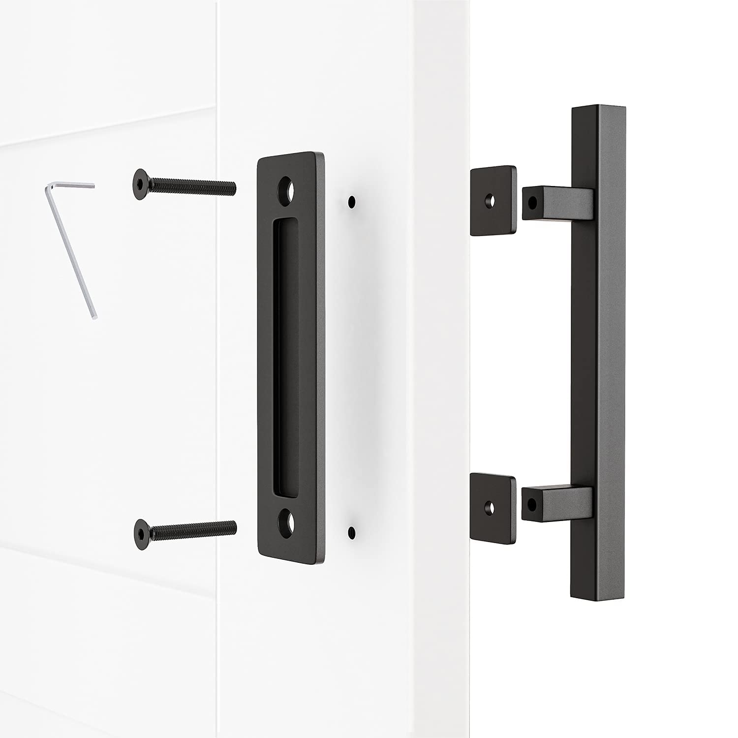 WINSOON Square 12" Sliding Barn Door Handles Pull Black with Flush Finger Hardware, Large Rustic, Pull and Flush Barn Door Handle Set, Suitable for Gate Garages Cabinet