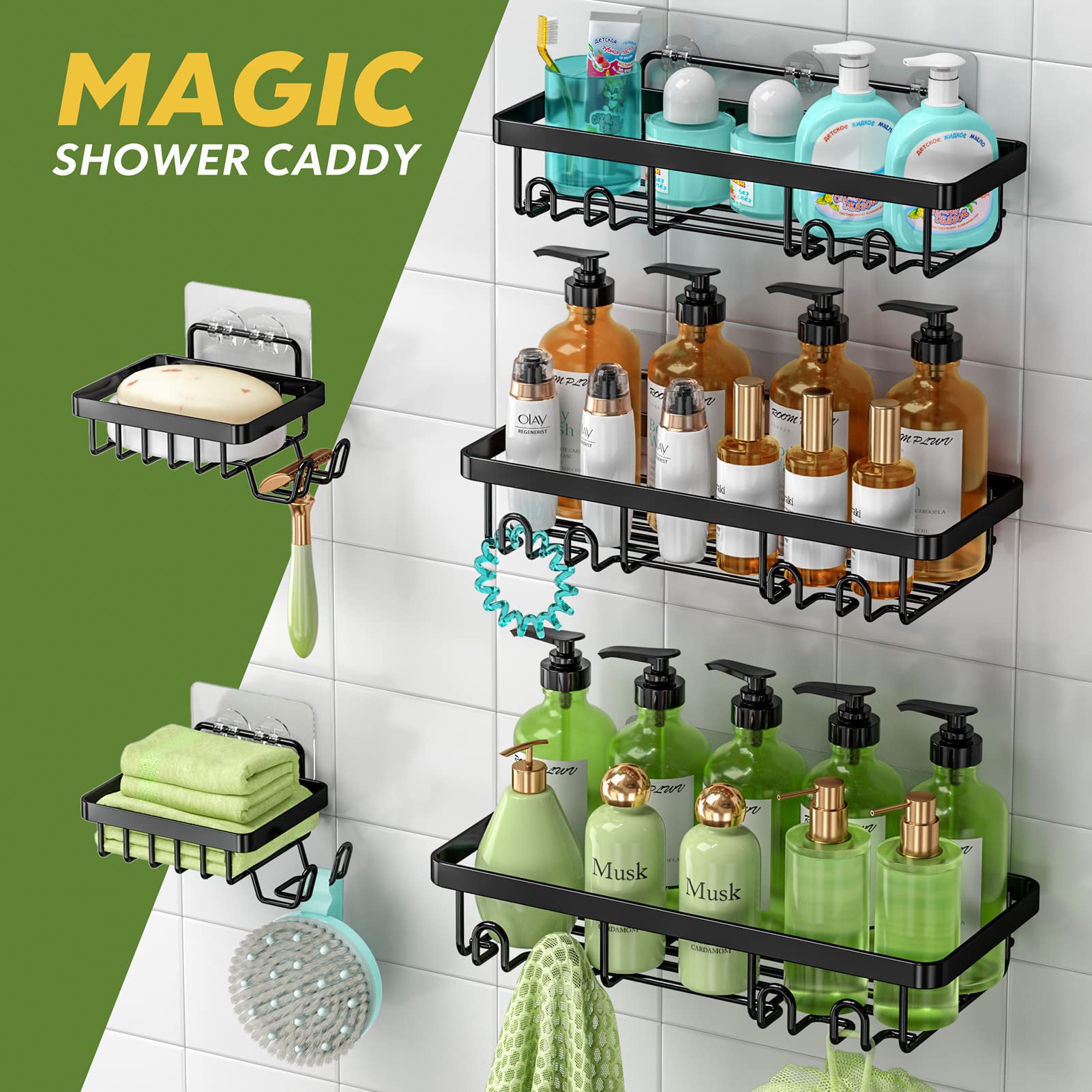 Winproper Shower Caddy 5 Pack,Adhesive Shower Organizer Bathroom with 16 Hooks, Shower Shelves with 2 Soap Holder, No Drilling Stainless Steel Shower Shelf for Inside Shower-Black