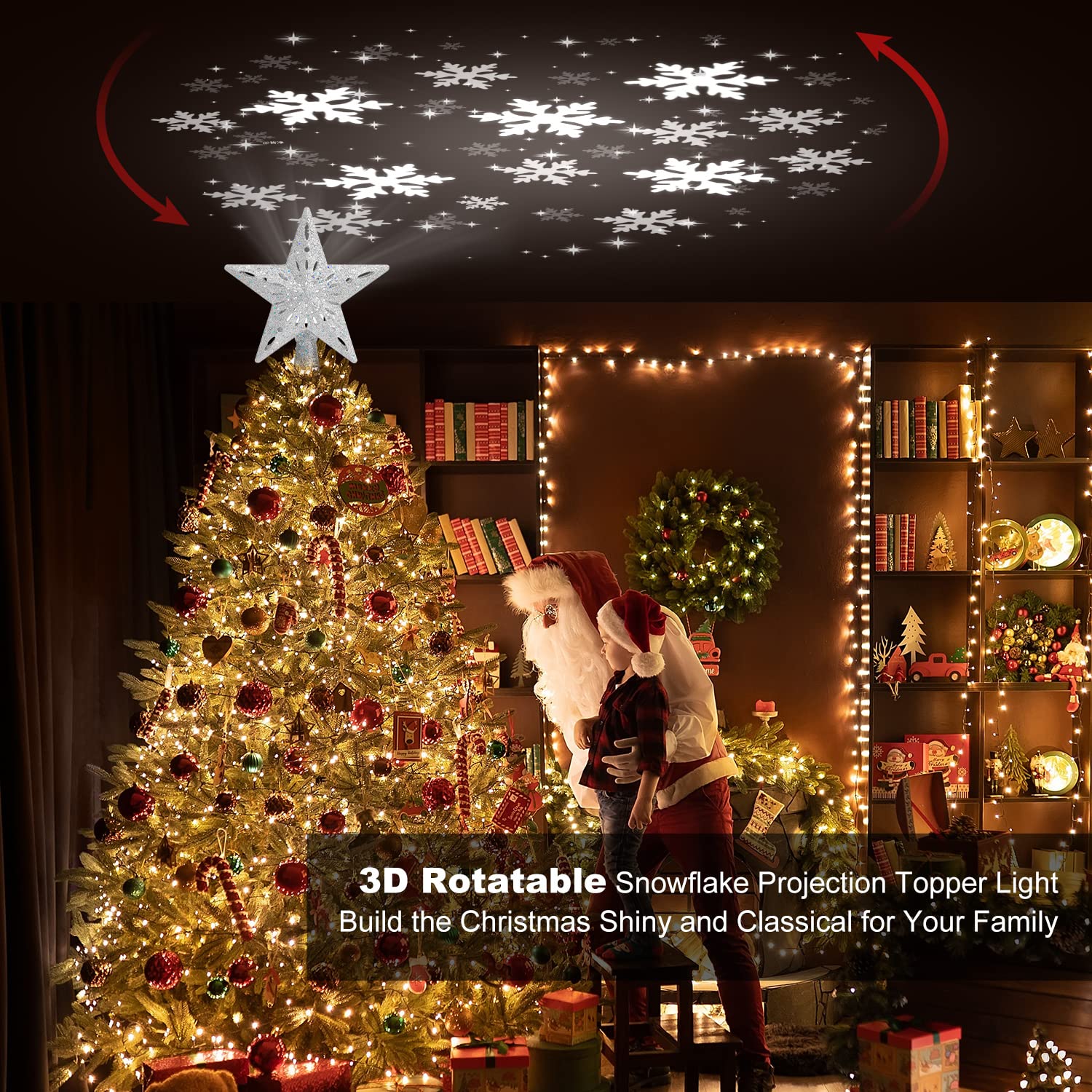 Winpull Christmas Tree Topper Lighted with 6 Pattern Projection Modes, Christmas Star Tree Topper Built-in LED Rotating Lights, 3D Glitter Projector for Christmas Decorations (Silver)