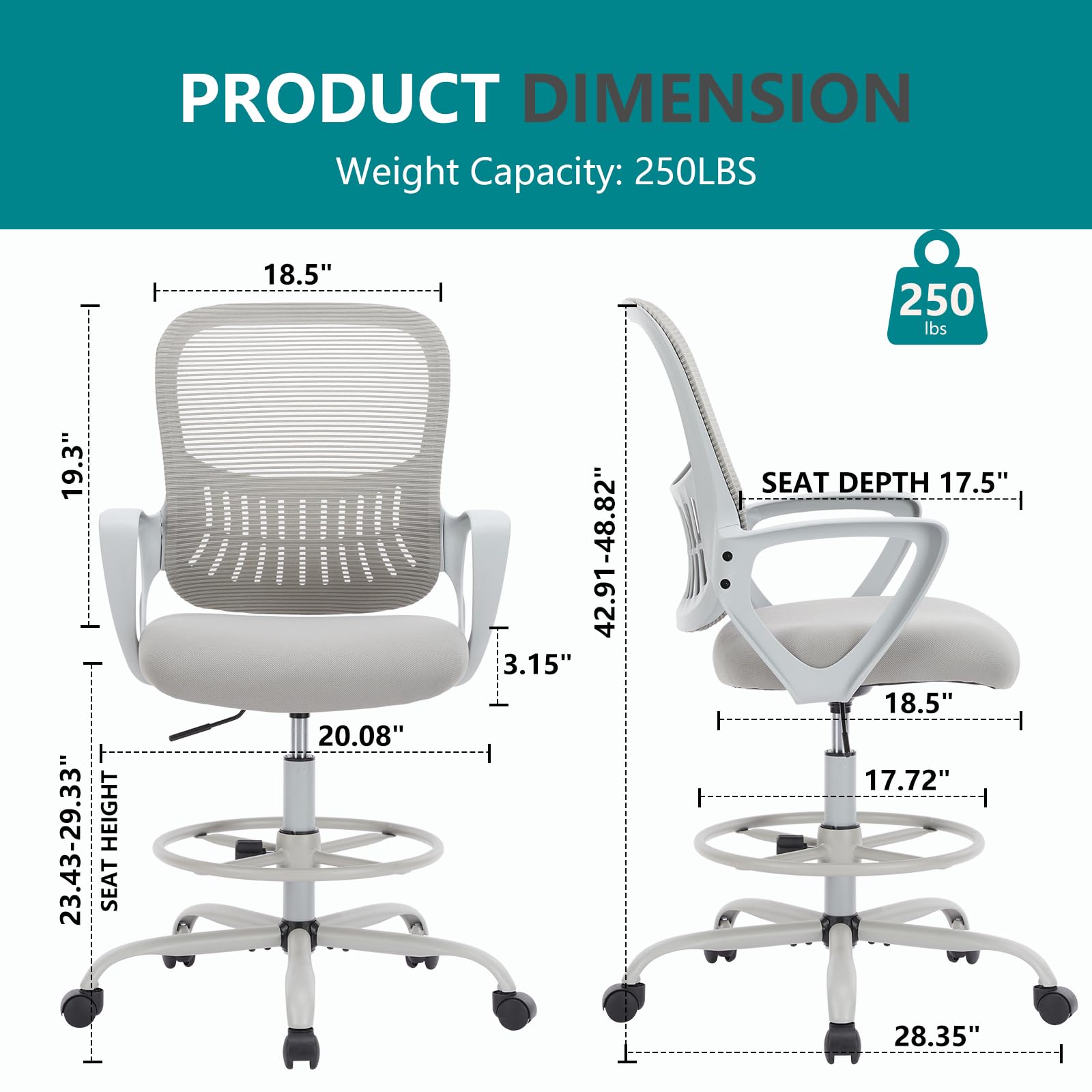 Sweetcrispy Armless Home Office Desk Mesh Low Back Task Lumbar Support and Wheels, Adjustable Height 360° Rolling Swivel Computer Chair without Arm for Small Space, Grey