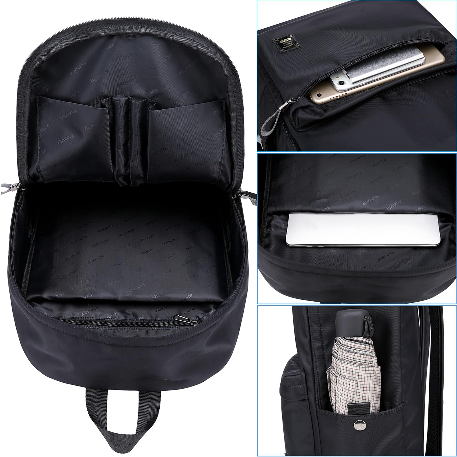 weiatas Black Laptop Backpack for Men Women with USB Charging Port, College Bookbag with Laptop Compartmen, Work Travel Computer Rucksack with Luggage Strap
