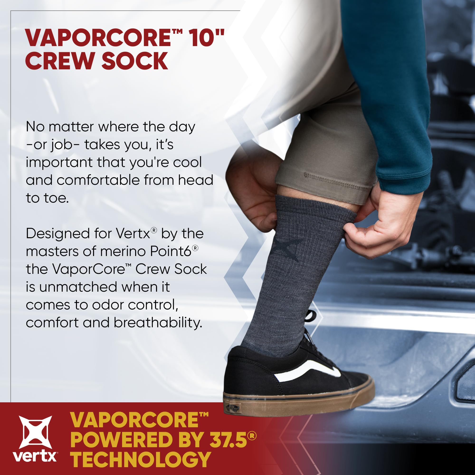 Vertx VaporCore Mens Crew Socks 10", Tactical Athletic Moisture Wicking Merino Wool Socks, for Hiking Sport Hunting EDC Gear, Quick Drying with Odor Control, Smoke Grey, Large