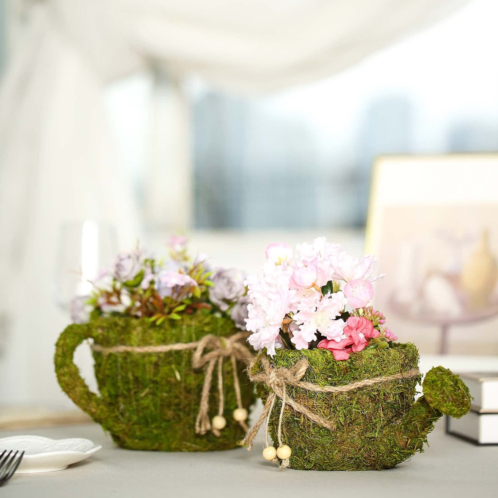 TABLECLOTHSFACTORY Set of 2 | Preserved Moss Watering Can Planter Box with Natural Braided Twine Bow - 11" & 10"