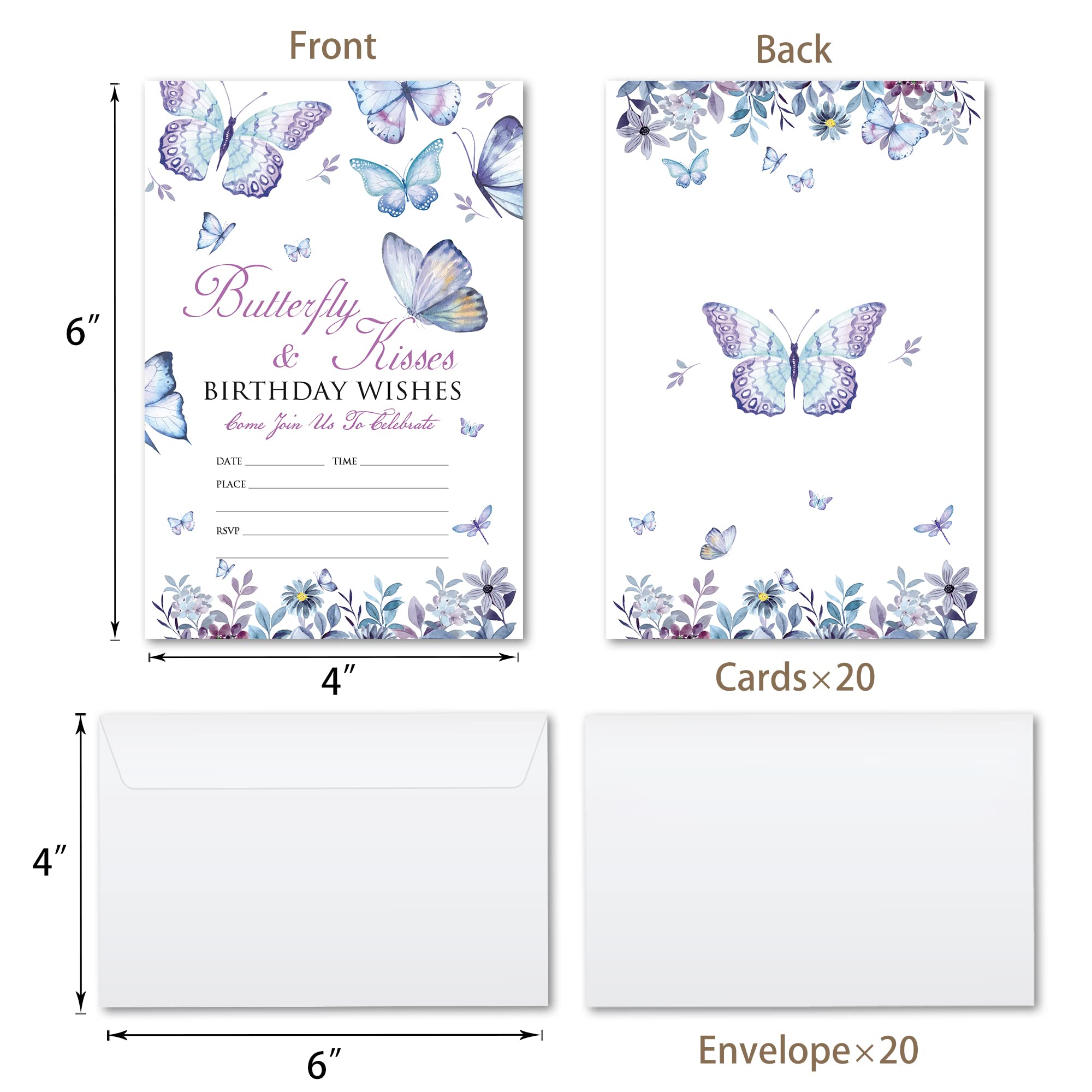 Watercolor Butterfly Birthday Invitations, Pack of 20 Fill-in Invitation Cards & 20 Envelopes, 4''X6'' - JY289