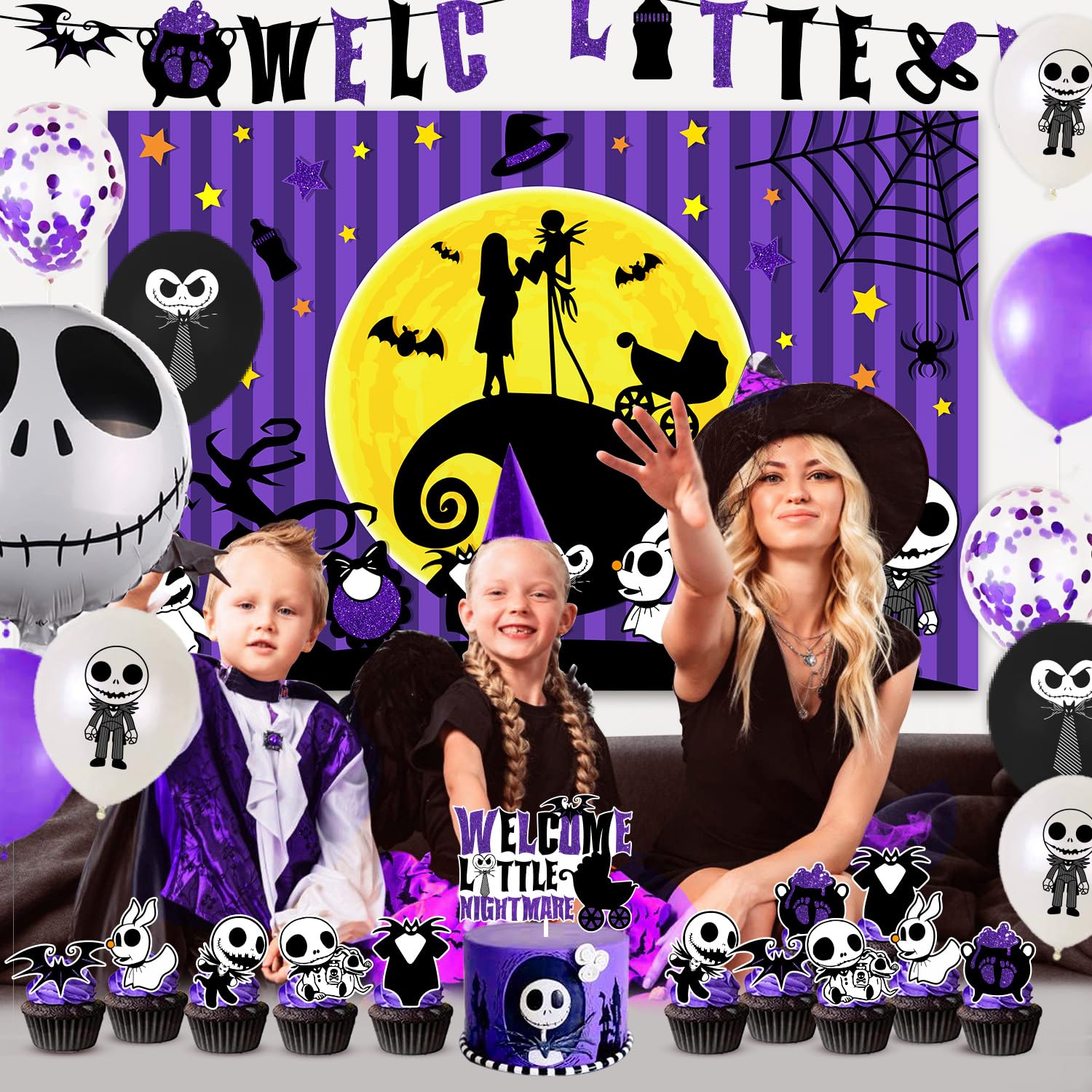 Welcome Little Nightmare Baby Shower Halloween Decorations,Nightmare Before Birthday Party Decorations Includes Banner,Backdrop,Balloons,Nightmare Cake Topper and Cupcake Toppers