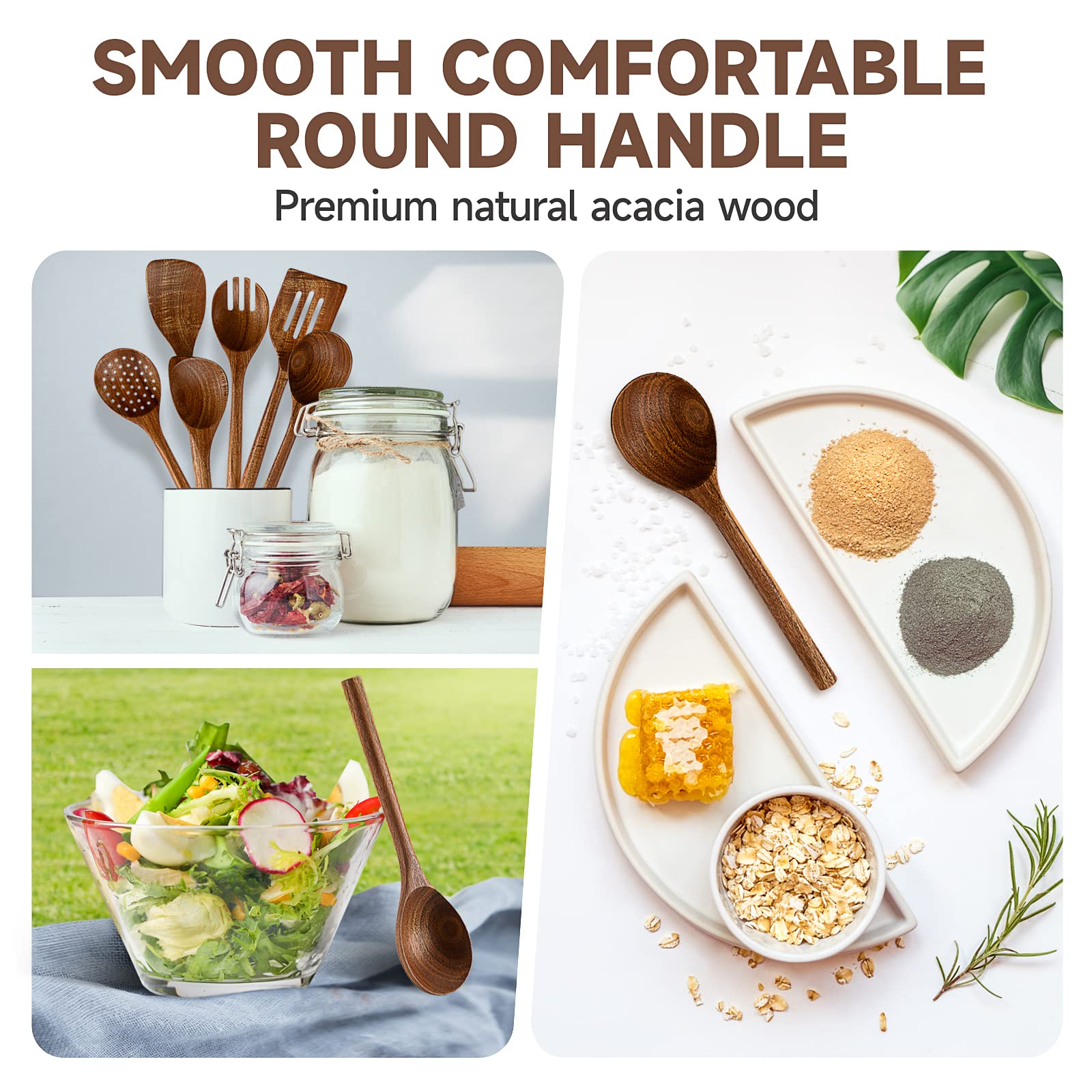 Wooden Spoons Utensils for Cooking Serving 6-Piece 12 Inch Round Handle Acacia Wood Non Stick Set