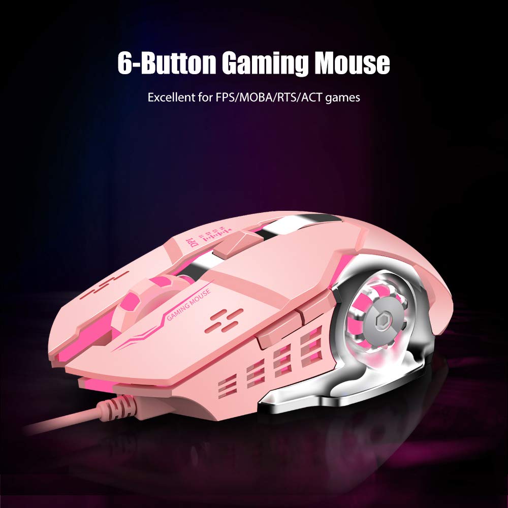 TISHLED Typewriter Style Mechanical Gaming Keyboard and Mouse Combo, 104-Key Anti-Ghosting Blue Switch Retro Steampunk Round Keycaps Metal Panel White LED Backlit Wired USB for PC, Mac, Laptop (Pink)