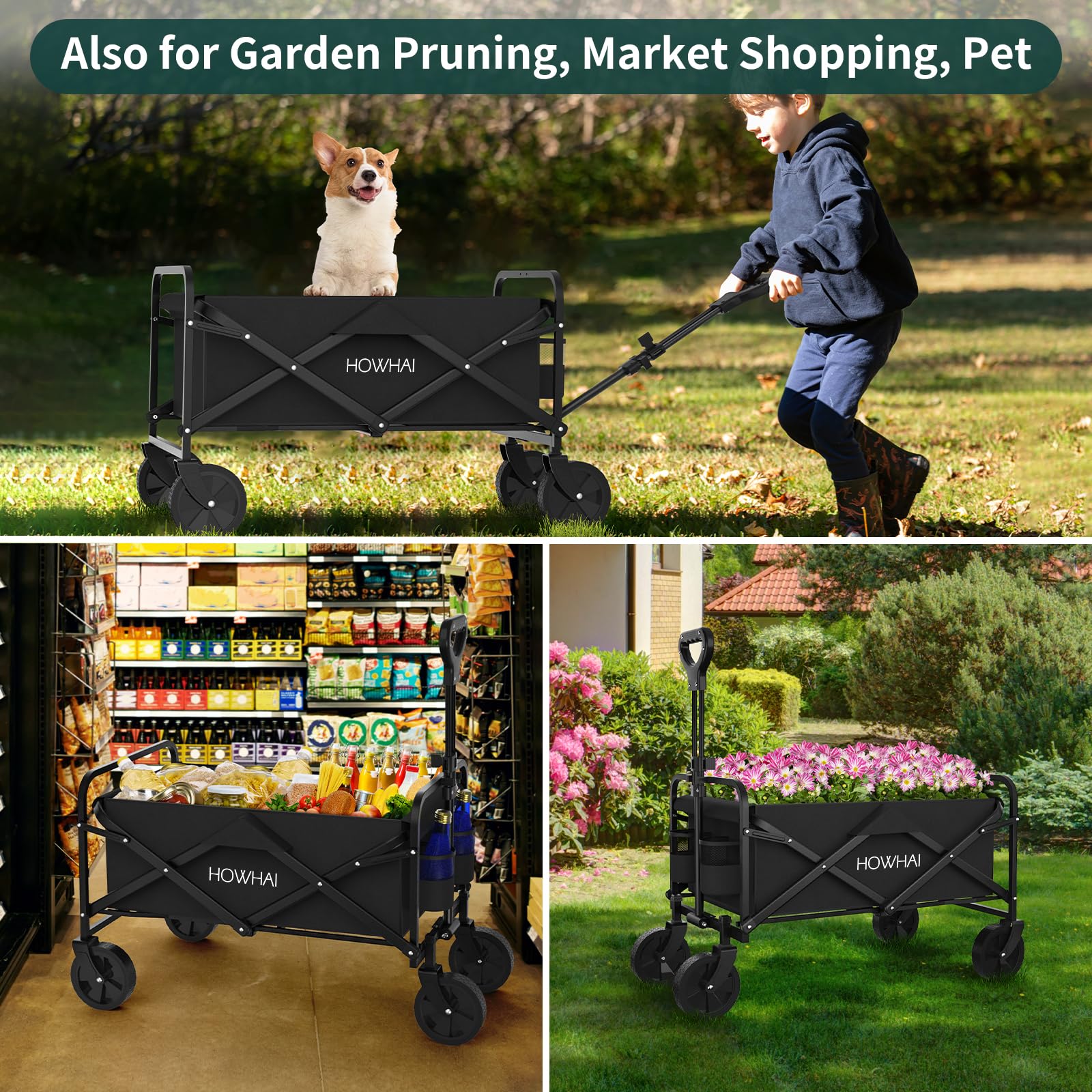 Wagons Carts Foldable, Collapsible Wagon, Wagon Cart with Wheels, Utility Wagon Cart with Wheels Foldable, Heavy Duty 100L Large with Drink Holders for Garden, Camping, Beach, Shopping(Black)