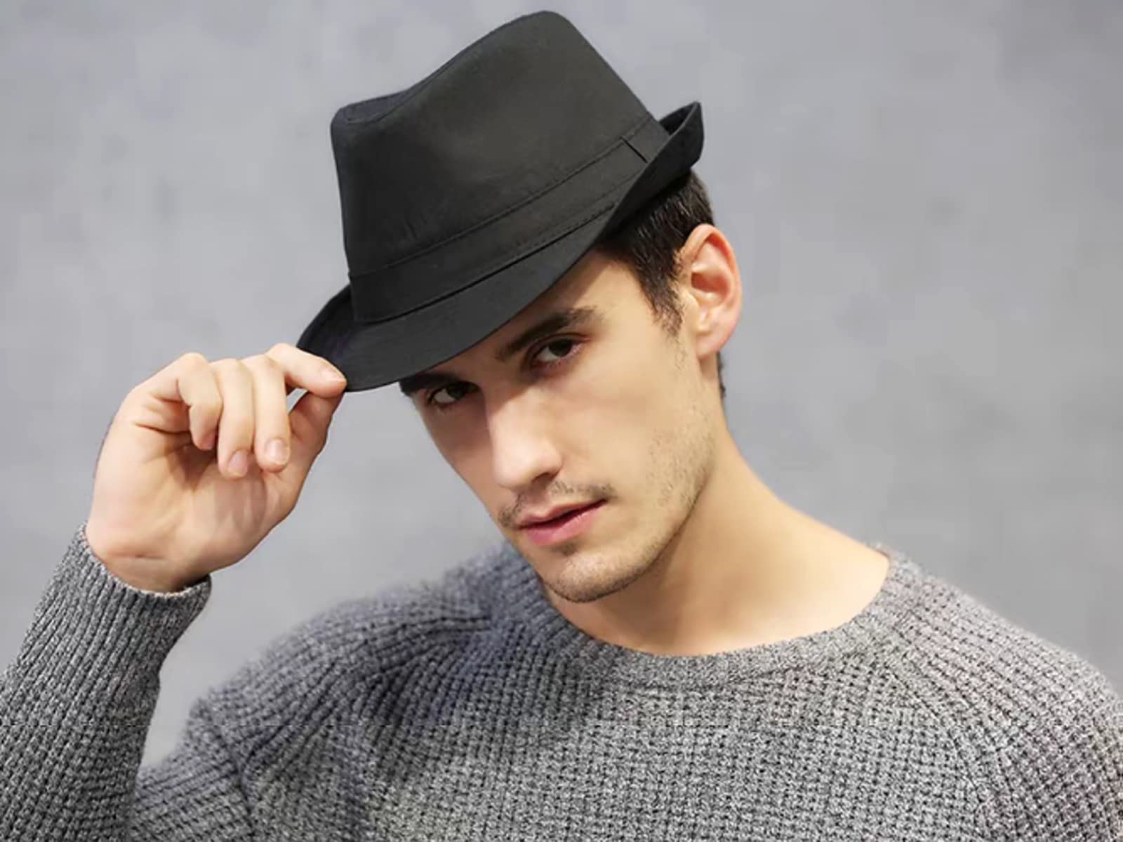 Unisex Classic 20s Trilby Fedora-Hat Casual Manhattan Short-Brim Structured Gangster Panama Felt Jazz Cap Black