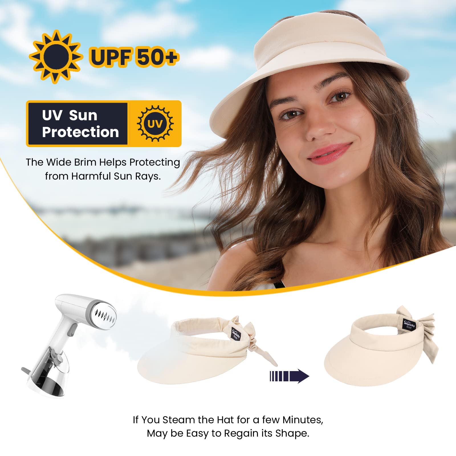 Simplicity Womens Beach Hat UPF 50+ UV Protection Wide Brim Hats for Women Sun Visors for Women, Black No Bow