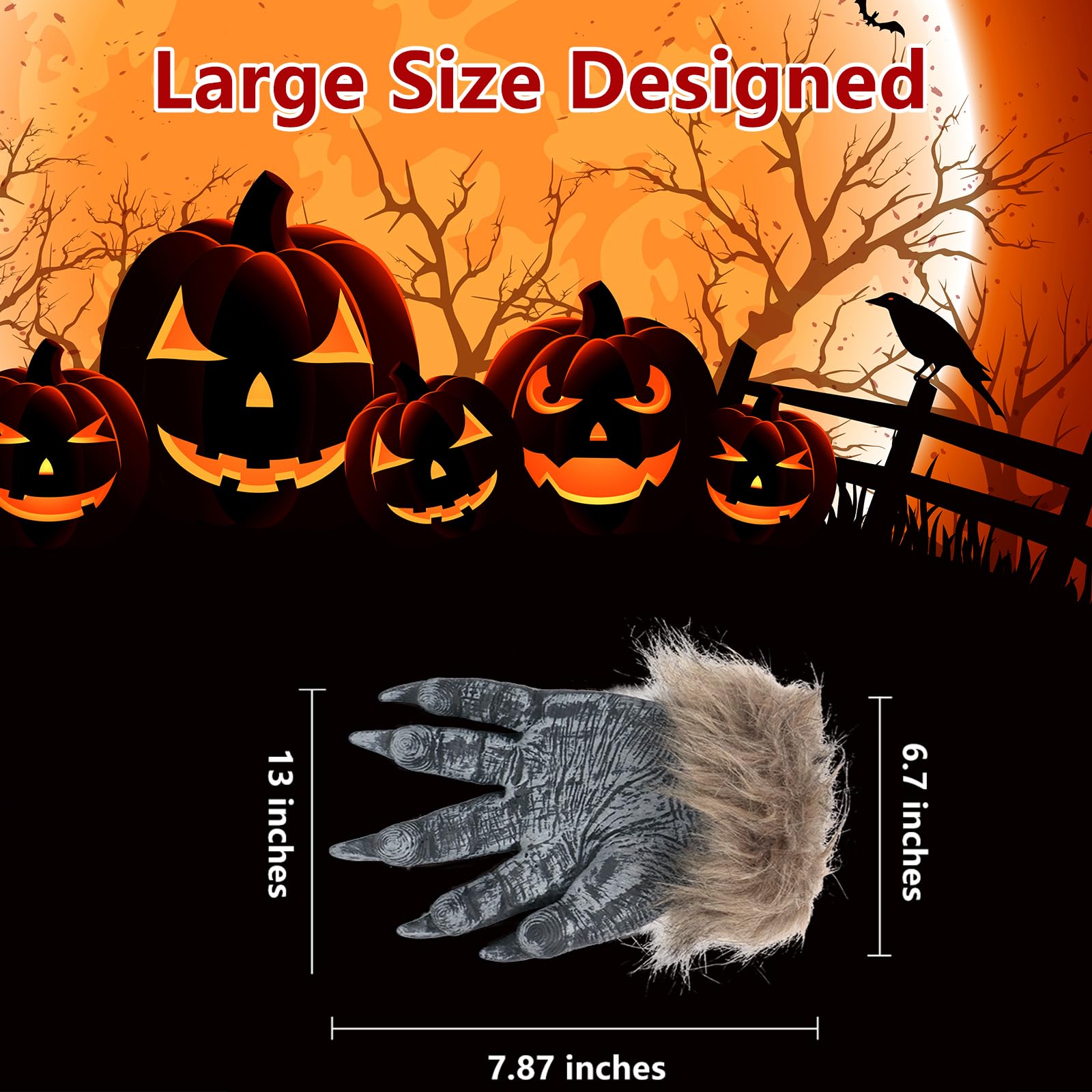 Syjinghao Halloween Werewolf Hands Claws Werewolf G-loves,Latex Wolf G-loves Scary Hairy Hands Werewolf Paw Party Costumes Props (Large)