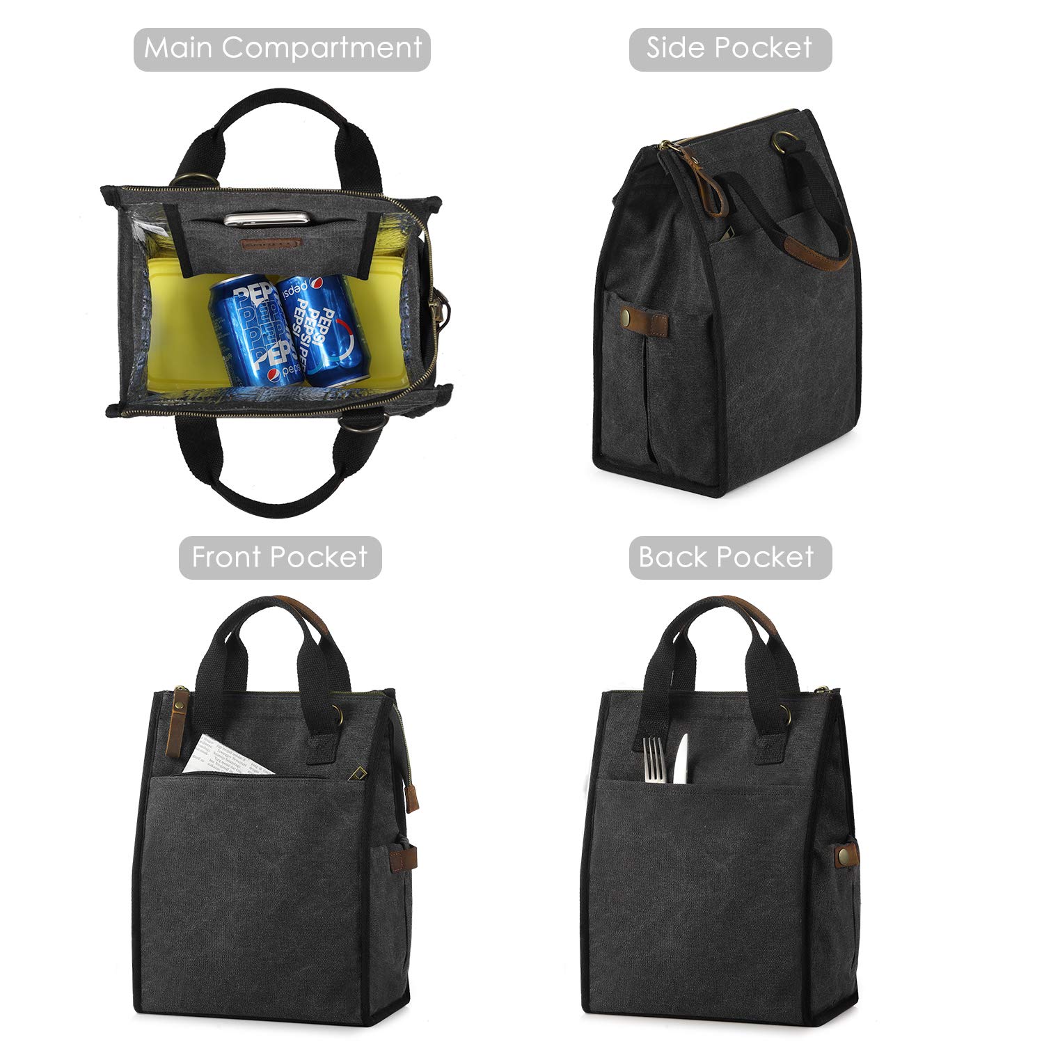 SMRITI Insulated Canvas Lunch Bag for Women/Men-9.6 L Reusable Leakproof Lunch Tote Bag for Work Picnic Beach - Fashion Lunchbox for Adults with Shoulder Strap(Dark Grey)