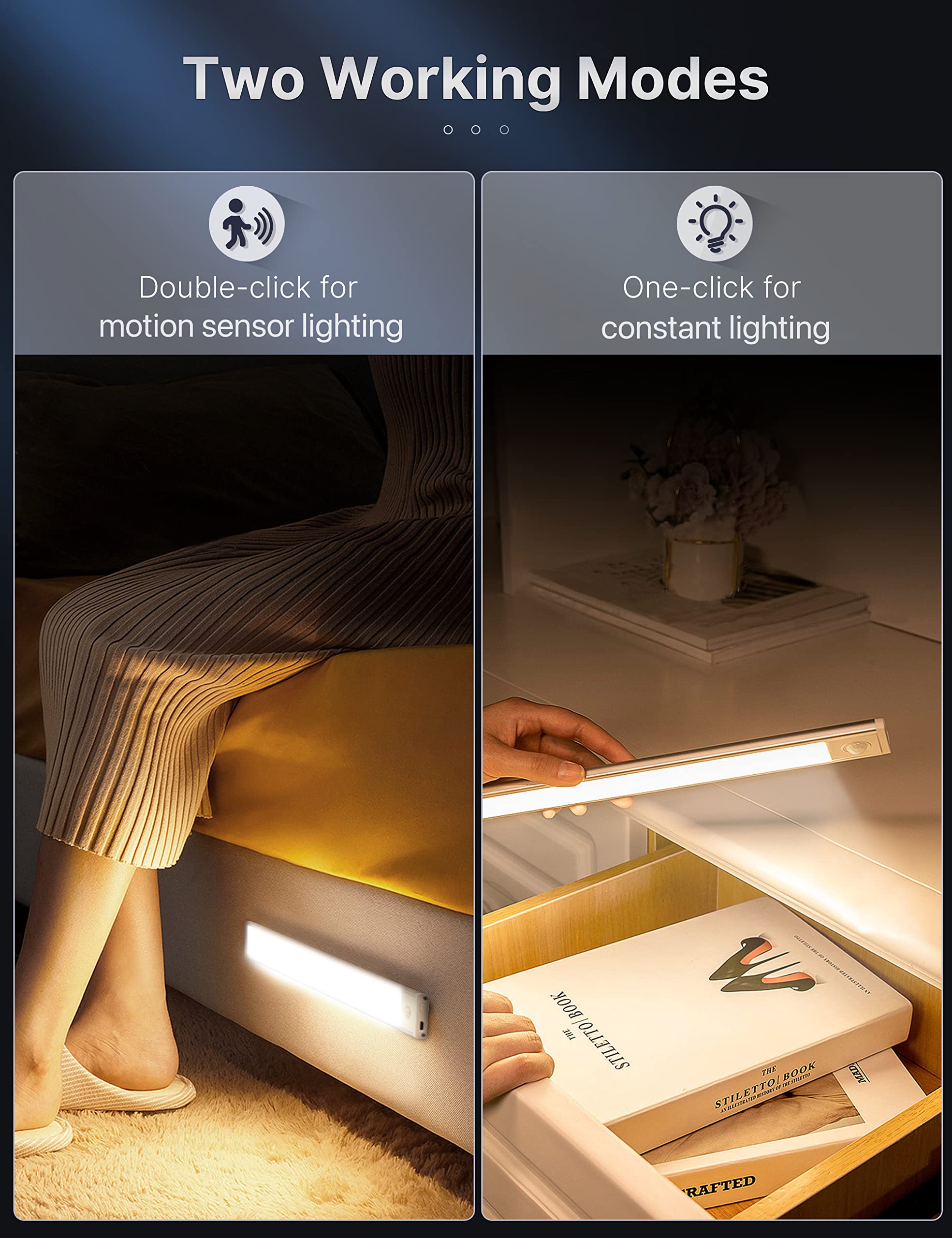 Wakodir 69 LED Under Cabinet Lighting, Motion Sensor Cabinet Light with 1800 mAh Battery, Wireless Rechargeable Night Light for Closet, Hallway, Stairs Cabinet, Kitchen, Wardrobe, Cupboard - 2 Pack