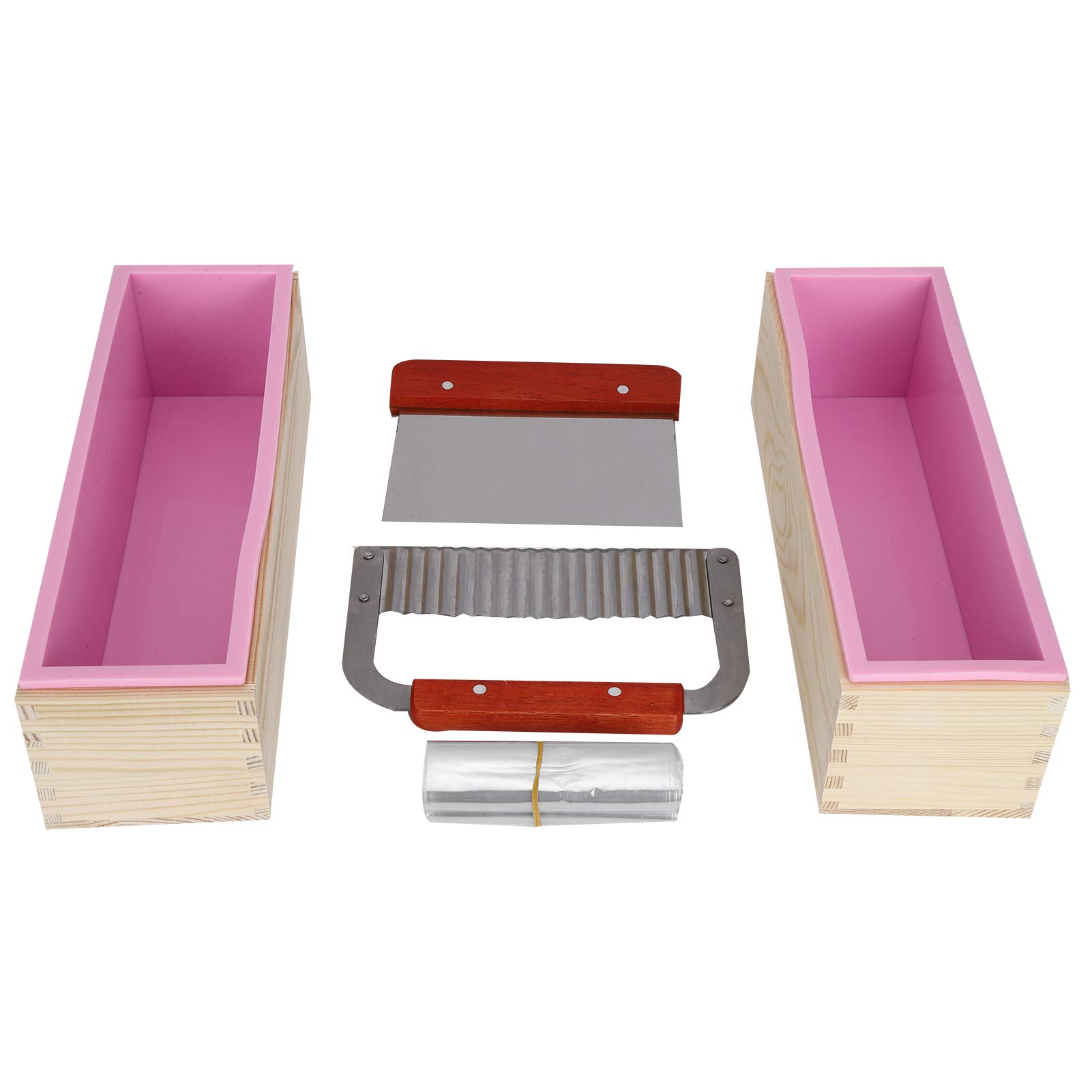 VTOSEN Soap Cutter Set, Silicone DIY Soap Making Kit, Hand-Made Mold Making Kit, Adjustable Cutting Mold Kit, with Stainless Steel Wavy & Straight Cutter(Pink)