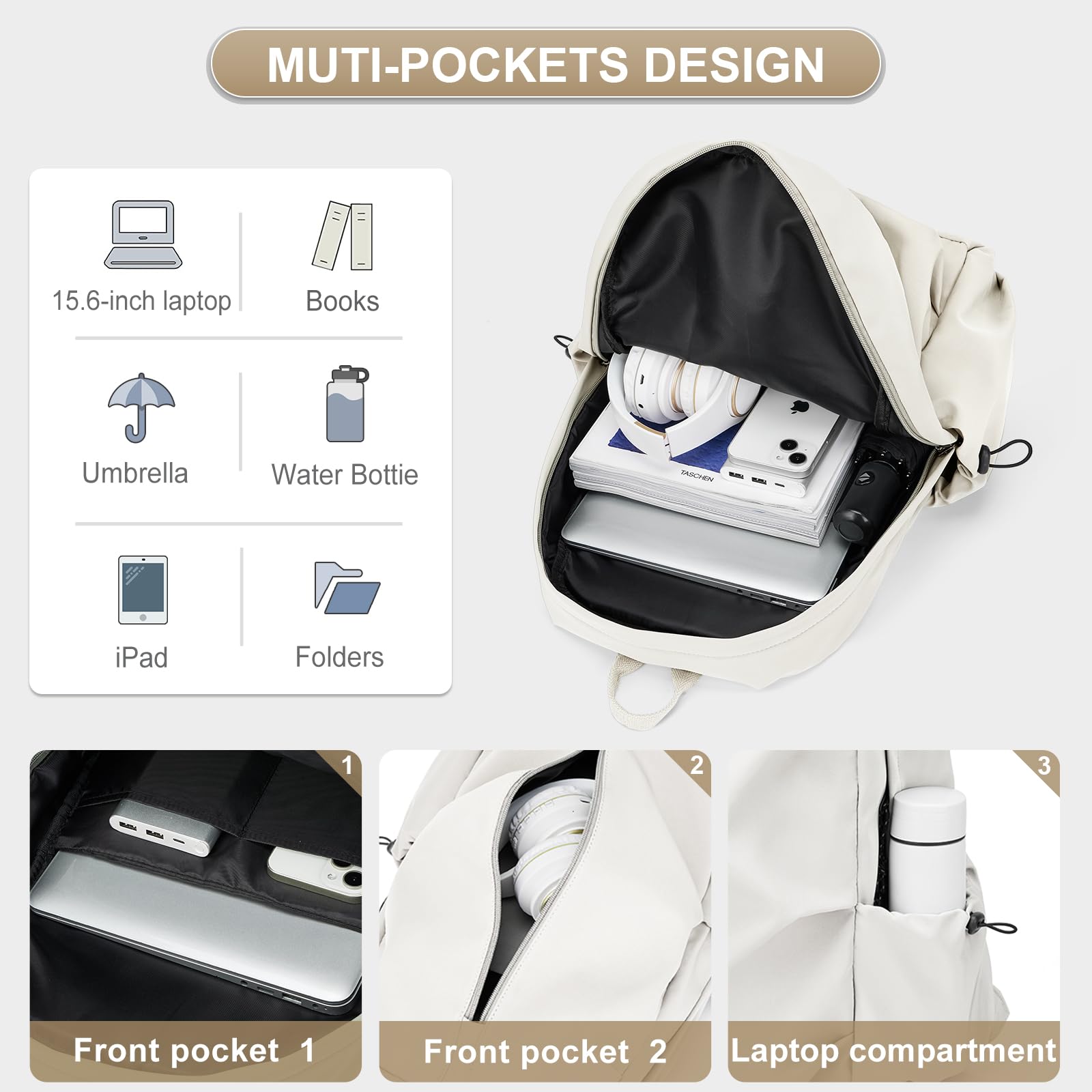 WEPOET School Backpack For Teens Boys Girls Cute Bookbag High School Bag Waterproof Casual Daypack College Backpack For Women Men Student Travel Backpack(Beige)