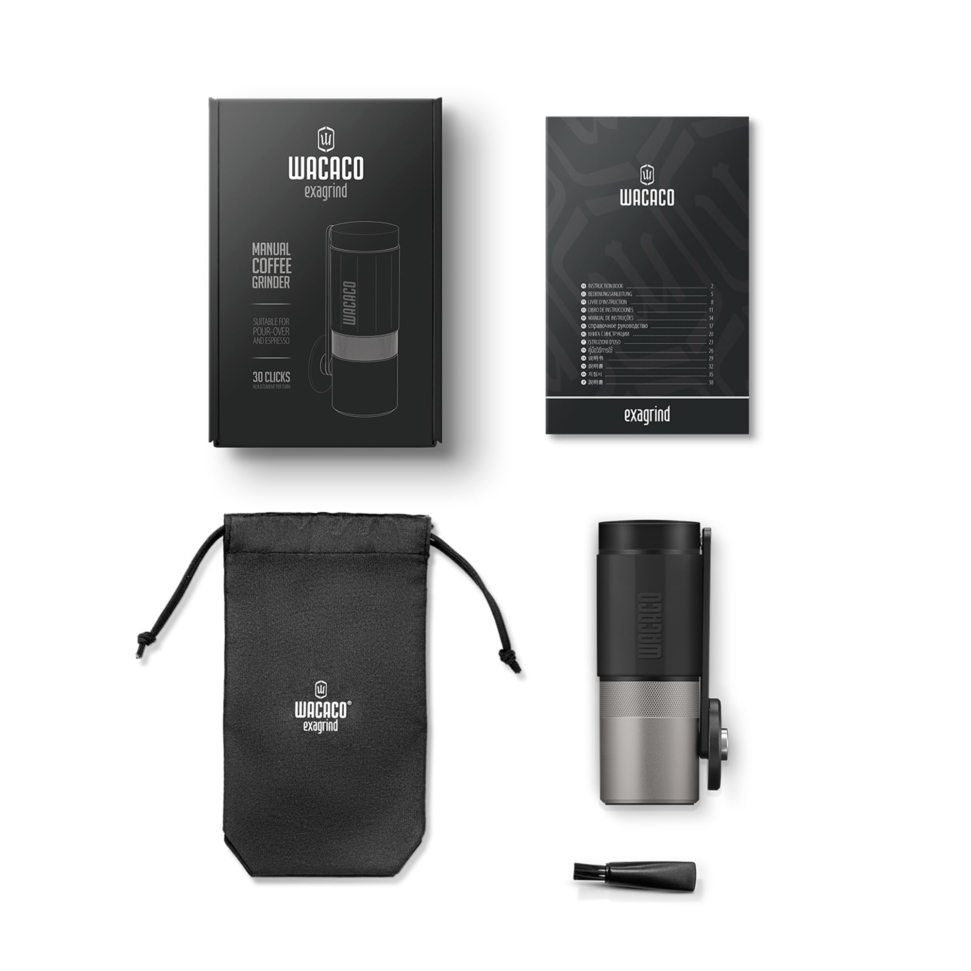 WACACO Exagrind, Manual Coffee Grinder, Stainless Steel Conical Burr, High Precision Adjustable Coffee Bean Grinder with Hand Crank, Handheld Portable Grinder for Espresso, Pour-over, Camping, Travel
