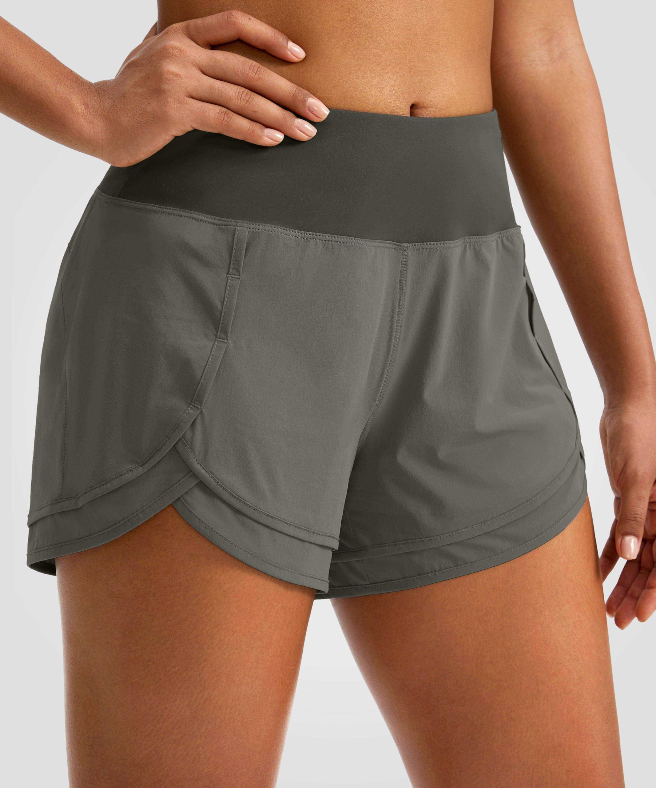 Women's Running Shorts High Waisted Quick-Dry 3 Inch Gym Workout Athletic Shorts for Women with Zipper Pocket(Army Green, M)