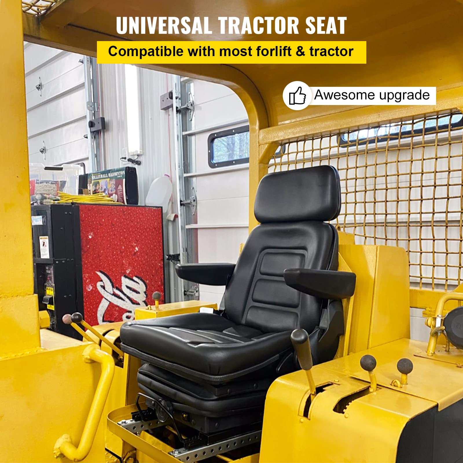 VEVOR Universal Tractor Suspension Seat, 35-170° Backrest Angle Adjustable Air Ride Seat Replacement w/Seat Belt & Safety Switch, Compatible with Forklift/Van/Mower, Black Vinyl