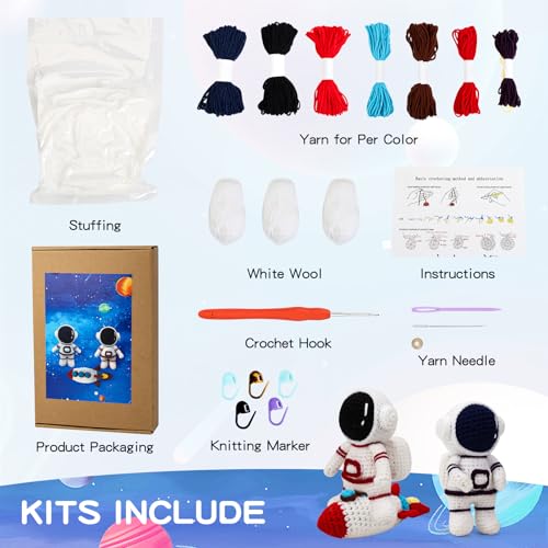 TFitsjoy Crochet Kit for Beginners,Beginner Crochet Kit with Step-by-Step Video Tutorials, DIY Crochet Kit for Beginners Includes Yarn, Eyes, Stuffing, Croche (2PCS Astronaut+Rocket)…