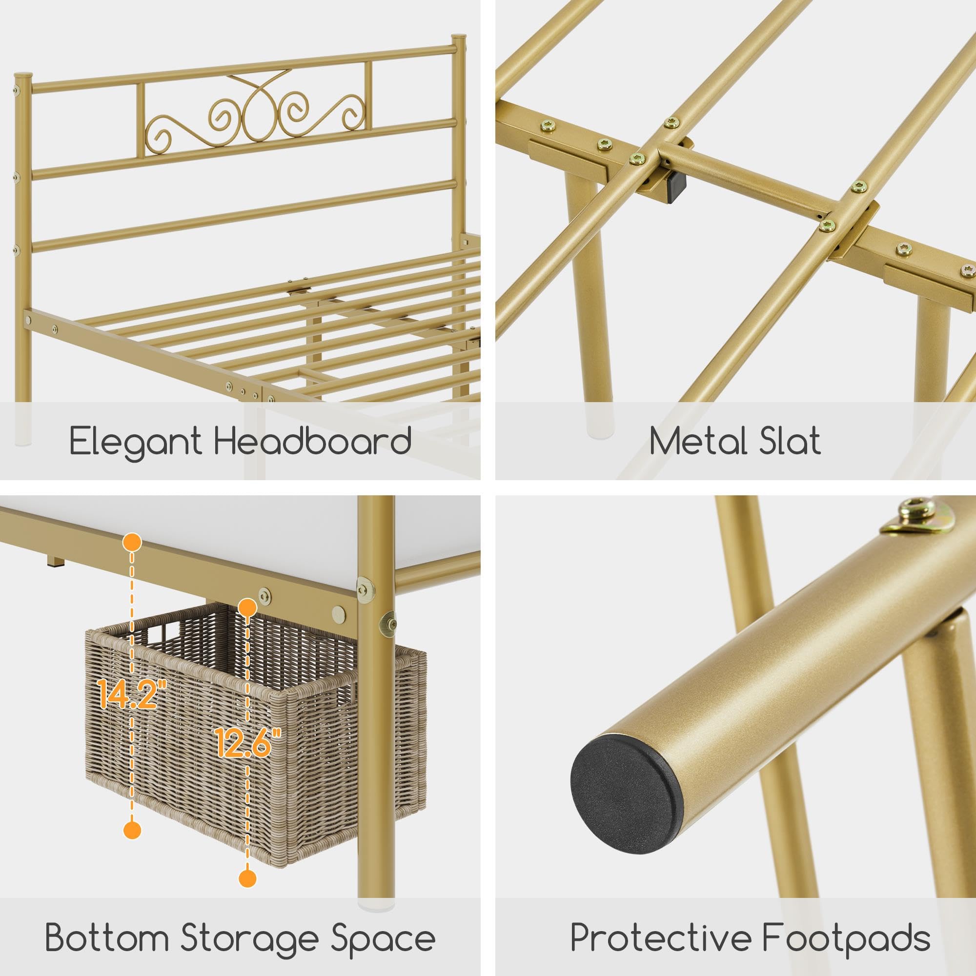 Yaheetech Queen Bed Frames Metal Bed Frame with Headboard and Footboard Heavy Duty Mattress Foundation/No Box Spring Needed/Underbed Storage Space/Graceful Scroll/Ground Clearance: 12.6’’/Antique Gold