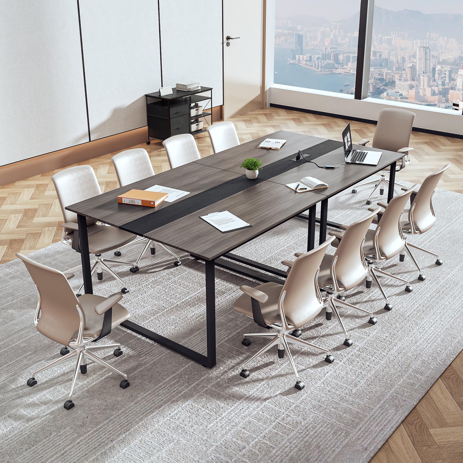WASAGUN 8FT Rectangular Conference Room Table with USB Ports and Outlets Meeting Seminar Table, boardroom Table, for Office Meeting Conference Room Grey