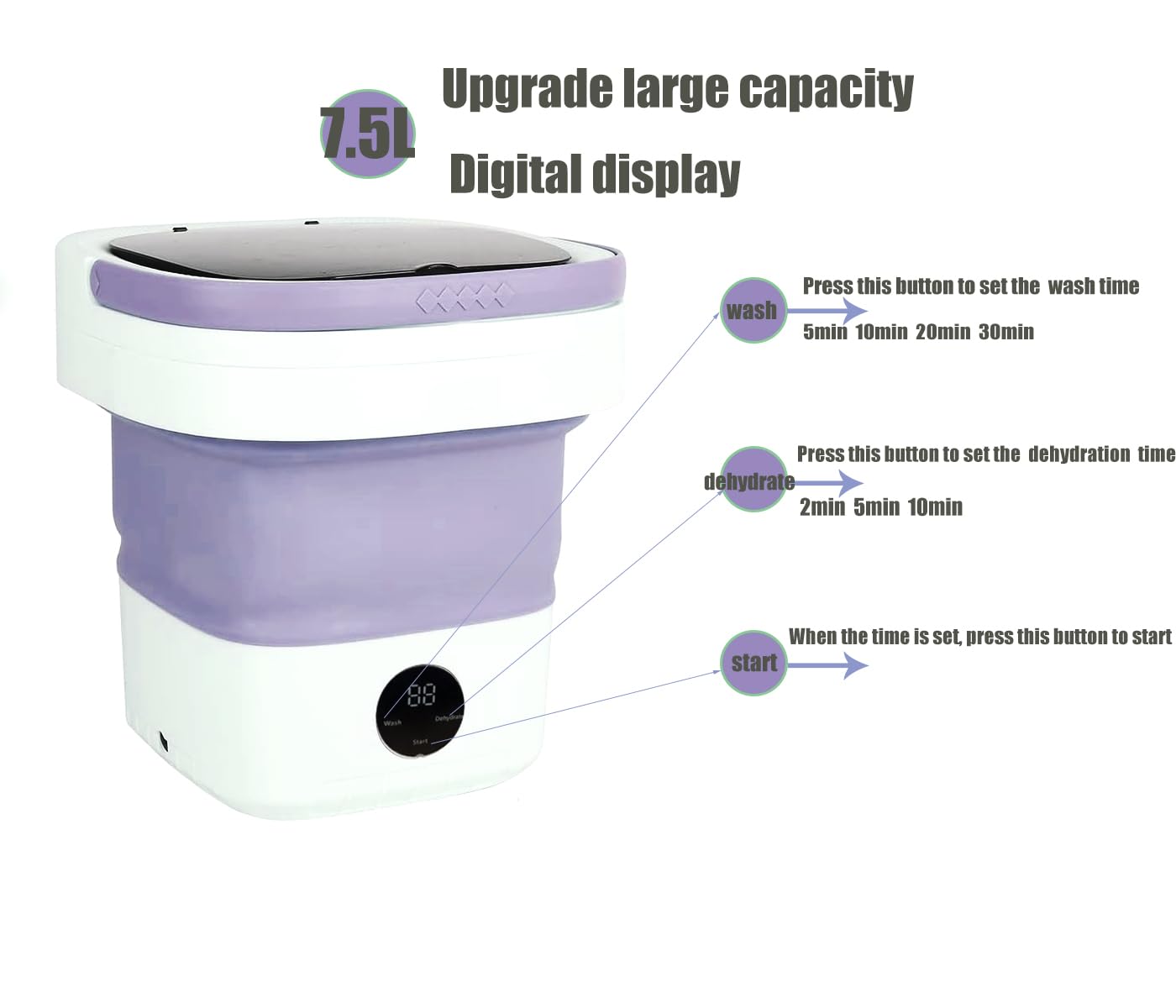 WesGen Portable Washing Machine,Foldable Touch Screen Mini Washing Machine,Small Washing Machine for Underwear,Baby Clothes or Small Items,for Apartments,Camping,(7.5 Liters),Purple (WE322)