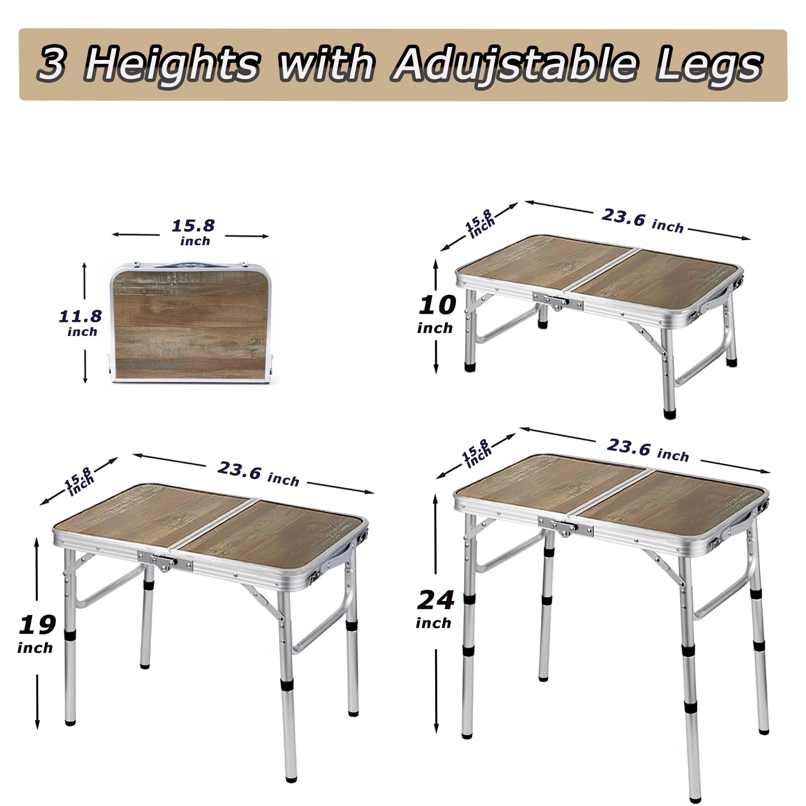 YihuiKo Small Folding Table,3 Adjustable Heights Foldable Table, Camping Table,Outdoor Folding Table with Storage Mesh Layer,Portable Table for BBQ,Patio,Garden and Indoor(Brown)