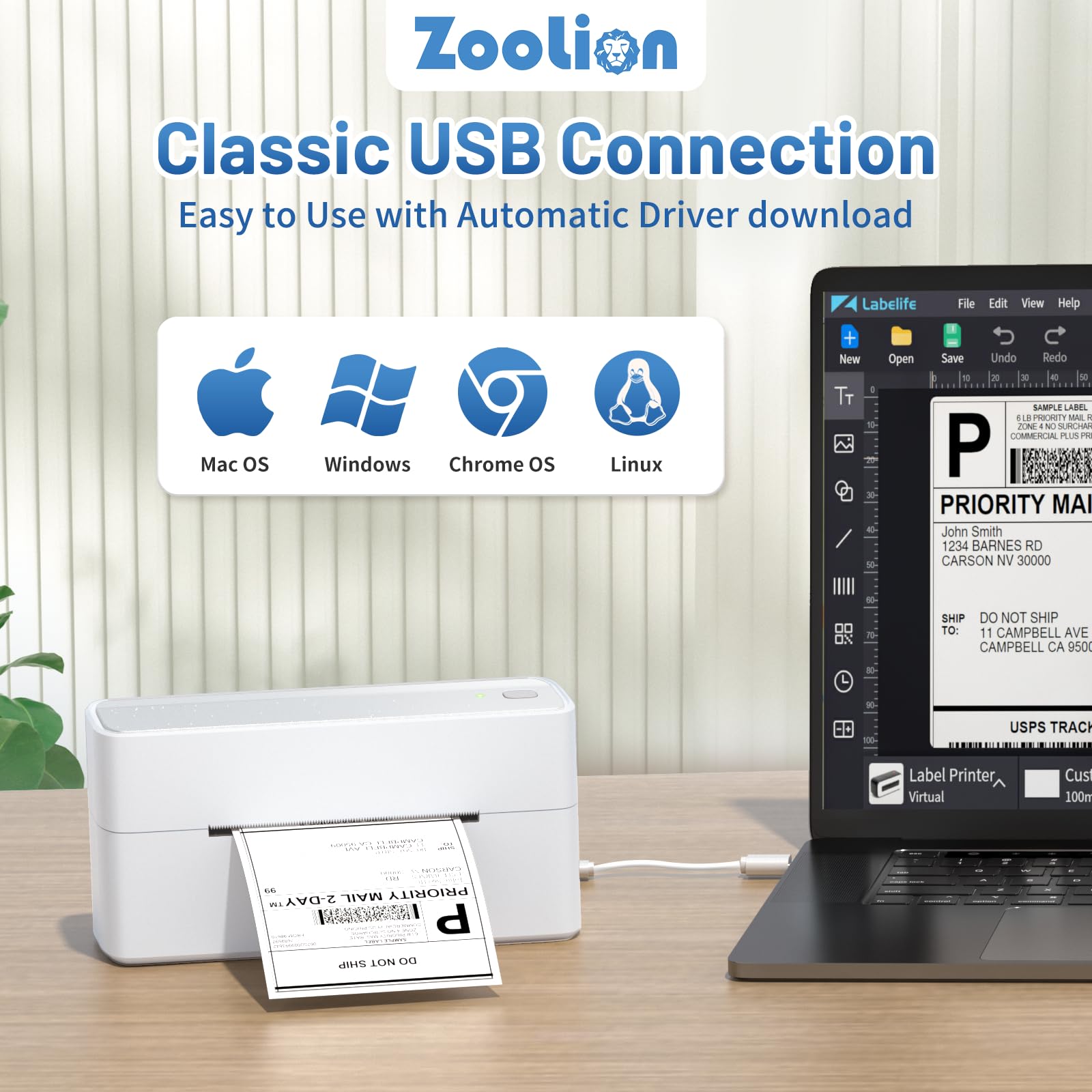 Zoolion Shipping Label Printer Bluetooth, Shipping Label Printer for Small Business, Mailing Label Printer, Compatible with iPhone Android Windows Amazon Etsy USPS