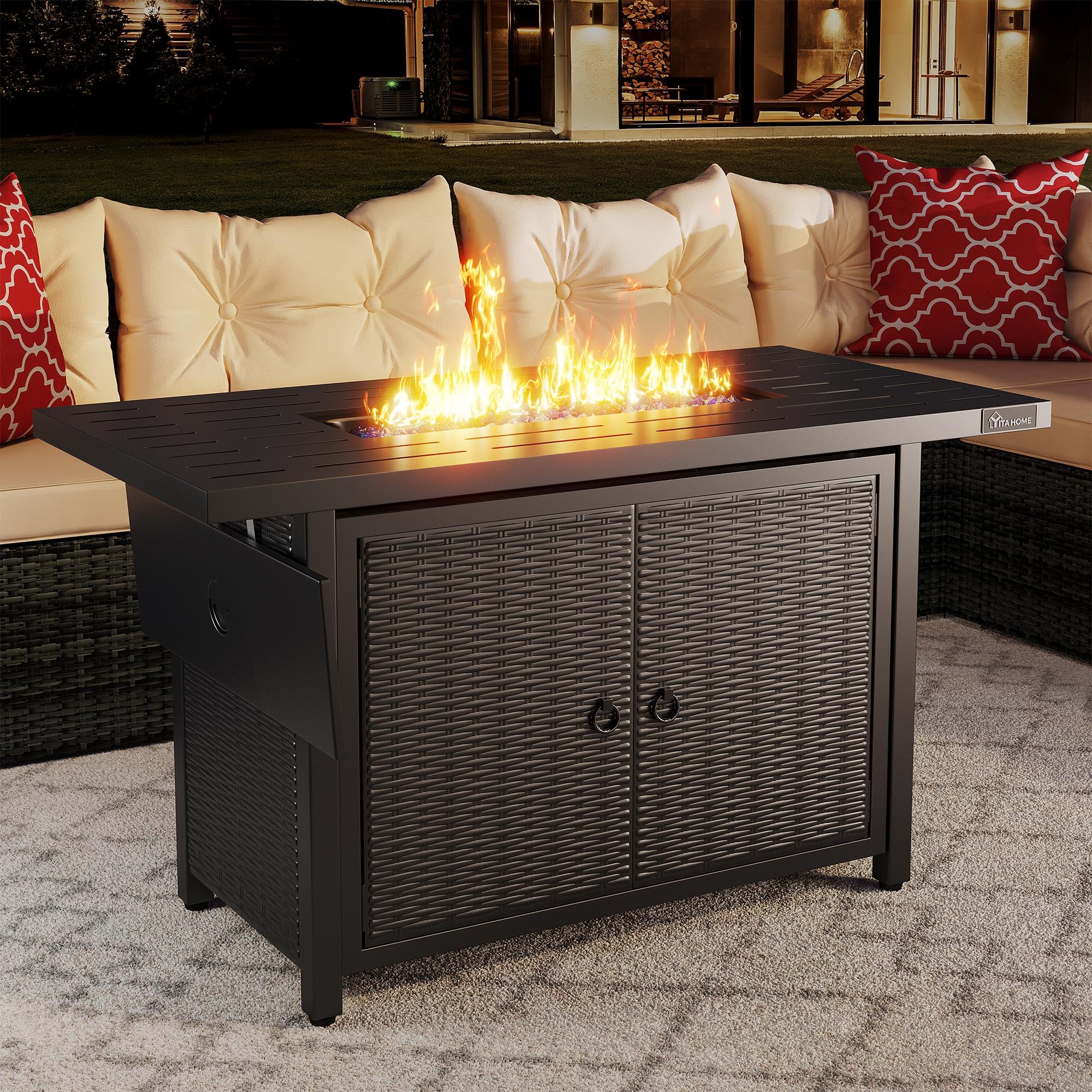 YITAHOME 43 Inch Propane Fire Pit Table and Resin Wicker Base, 50,000 BTU Gas Fire Pit with Ignition Systems, Iron Tabletop, Fire Glass Beads, Cover, Lid Hanger, Rectangle Outdoor Firetable for Patio
