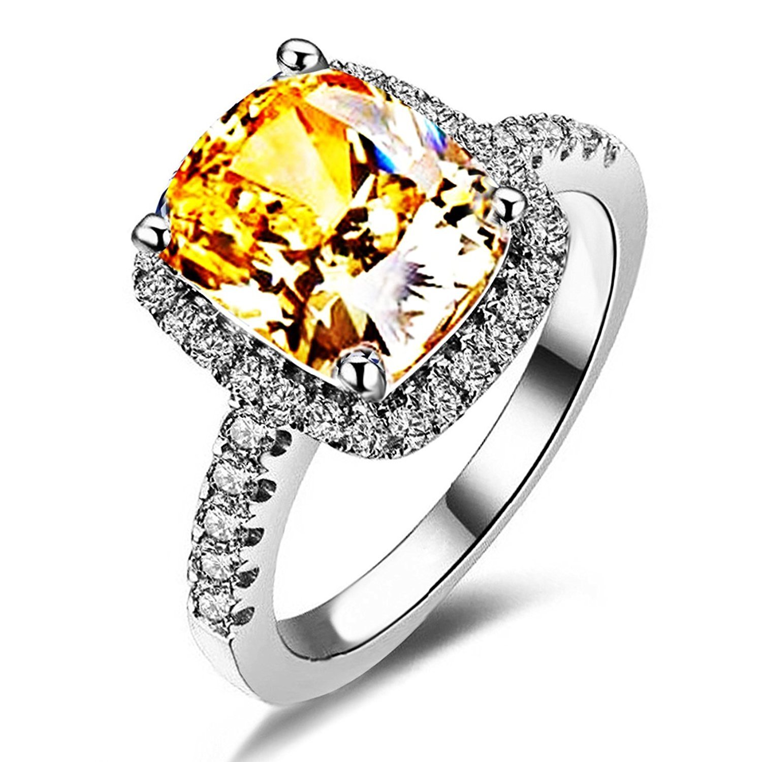 Wisslotus Christmas Day Gifts 2ct Princess Cut Yellow Topaz CZ Engagement Bridal Anniversary Wedding Band Rings for Women Size 5