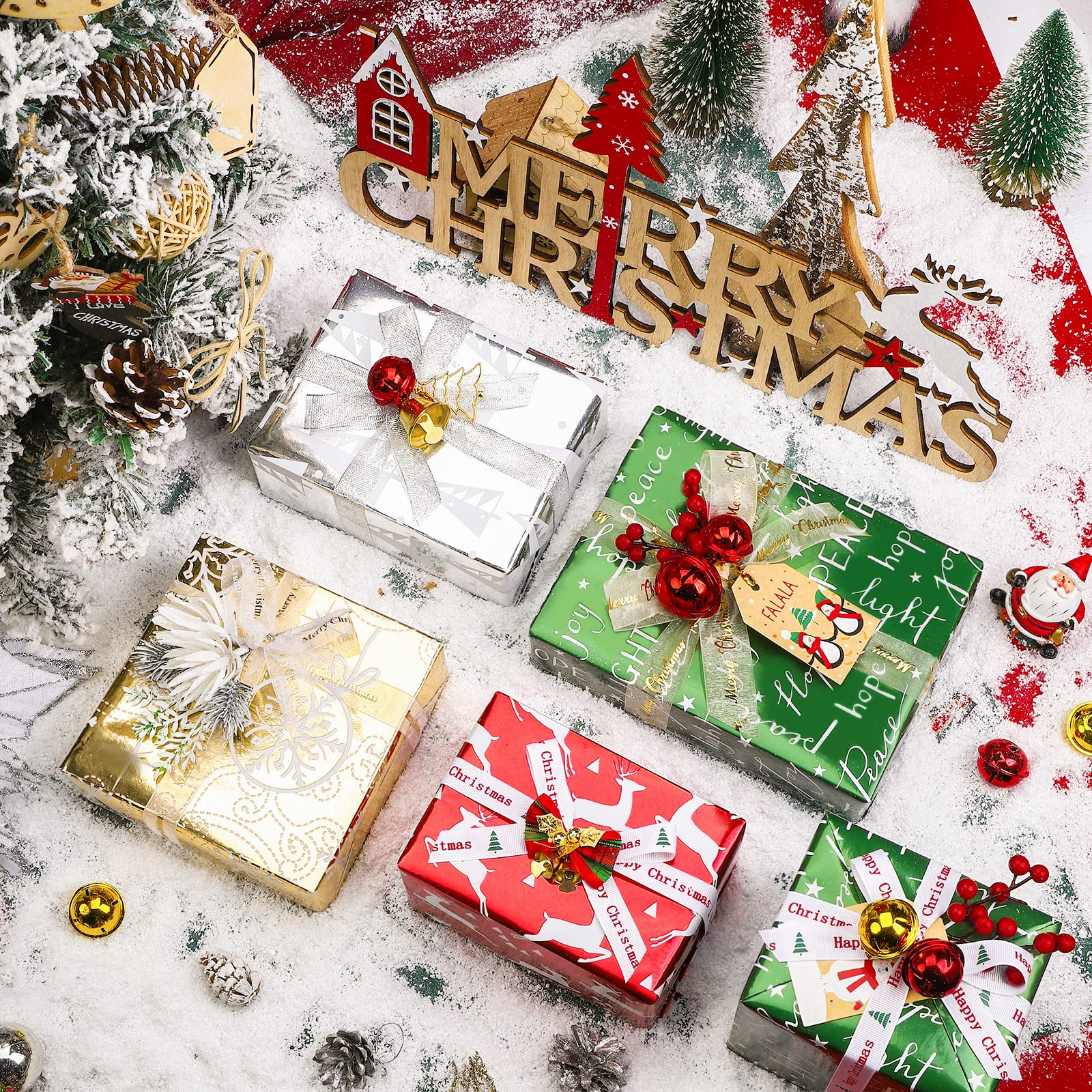 WRAPAHOLIC Christmas Wrapping Paper Roll - Red Green Gold and Silver Snowflakes Trees Holiday Collection with Metallic Foil Shine - 4 Rolls - 30 Inch x 120 Inch Per Roll