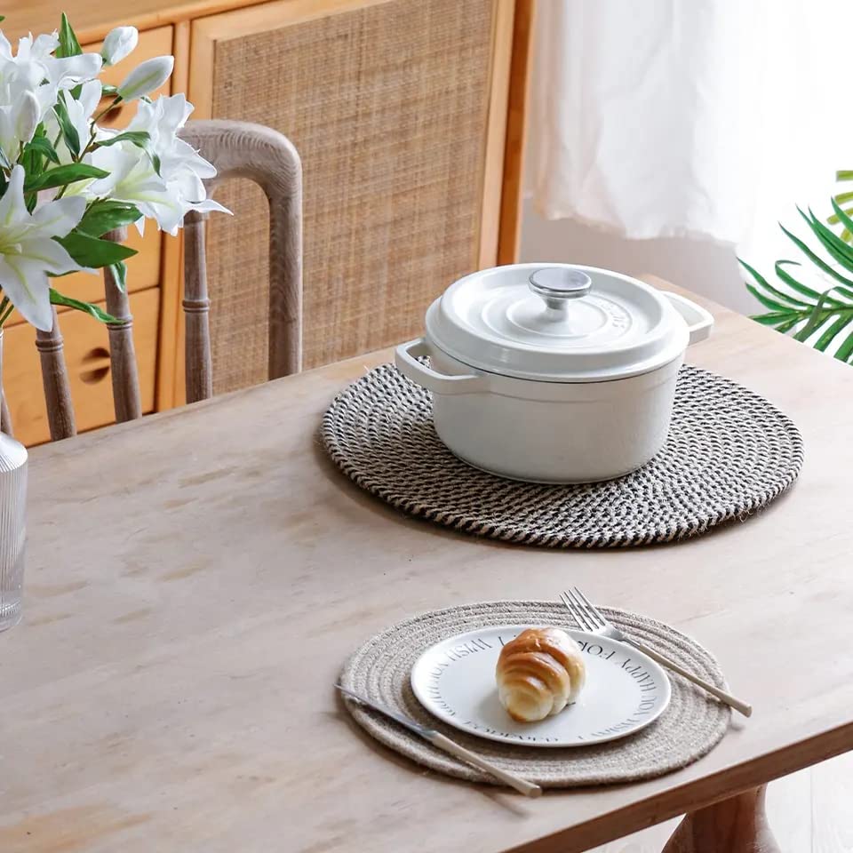 Wavy - Elegant Boho Round Placemats (Set of 4) - 14 inches, Natural Jute Cotton, Black Dining Table Mats
