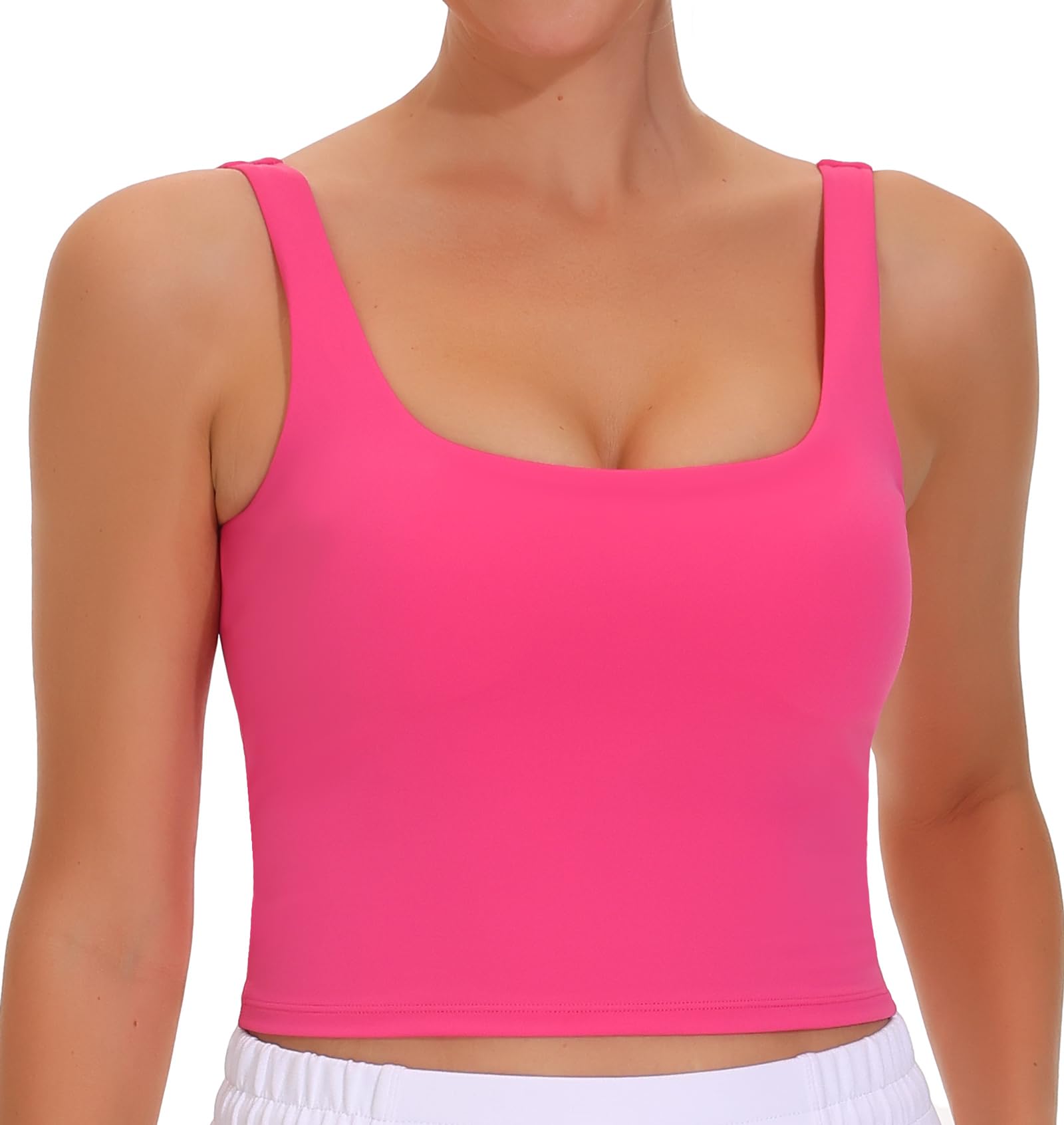 THE GYM PEOPLE Women's Square Neck Longline Sports Bra Workout Removable Padded Yoga Crop Tank Tops Bright Pink