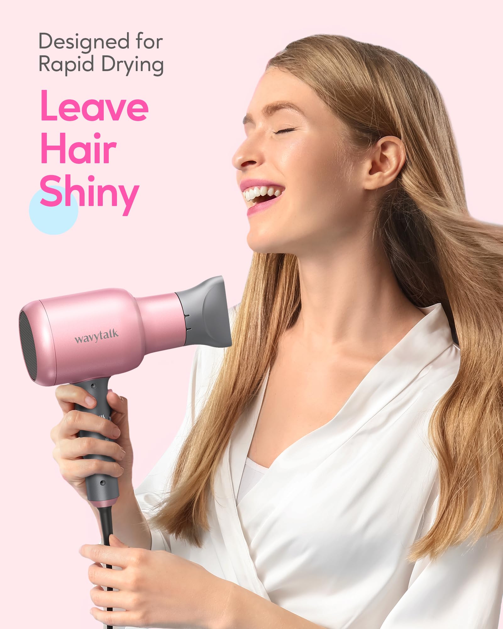 Wavytalk Professional Hair Dryer with Diffuser 1875W Power Dryer, Blow Dryer Ionic Hair Dryer for Women with Constant Temperature, Fast Drying &Low Noise, Millennial Pink
