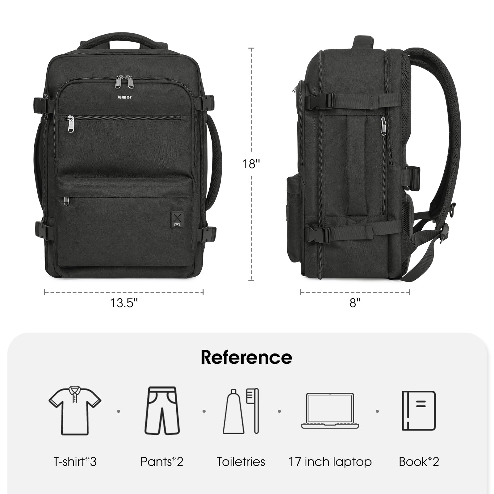 WANDF Travel Backpack For Spirit Airlines Personal Item Bag 18x14x8 with Wet Pocket, 17 Inch Laptop Backpack for Men Women(Black)