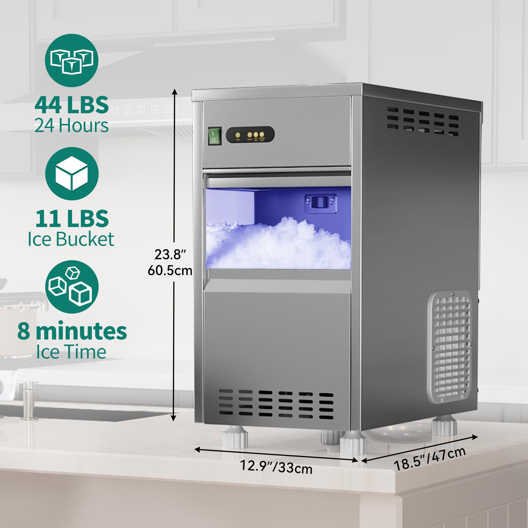 YITAHOME Commercial Snowflake Ice Machine 44LBS/24H with 11LBS Storage, Food Grade Stainless Steel Automatic Freestanding Flake Ice Maker Machine with Water Filter, Scoop