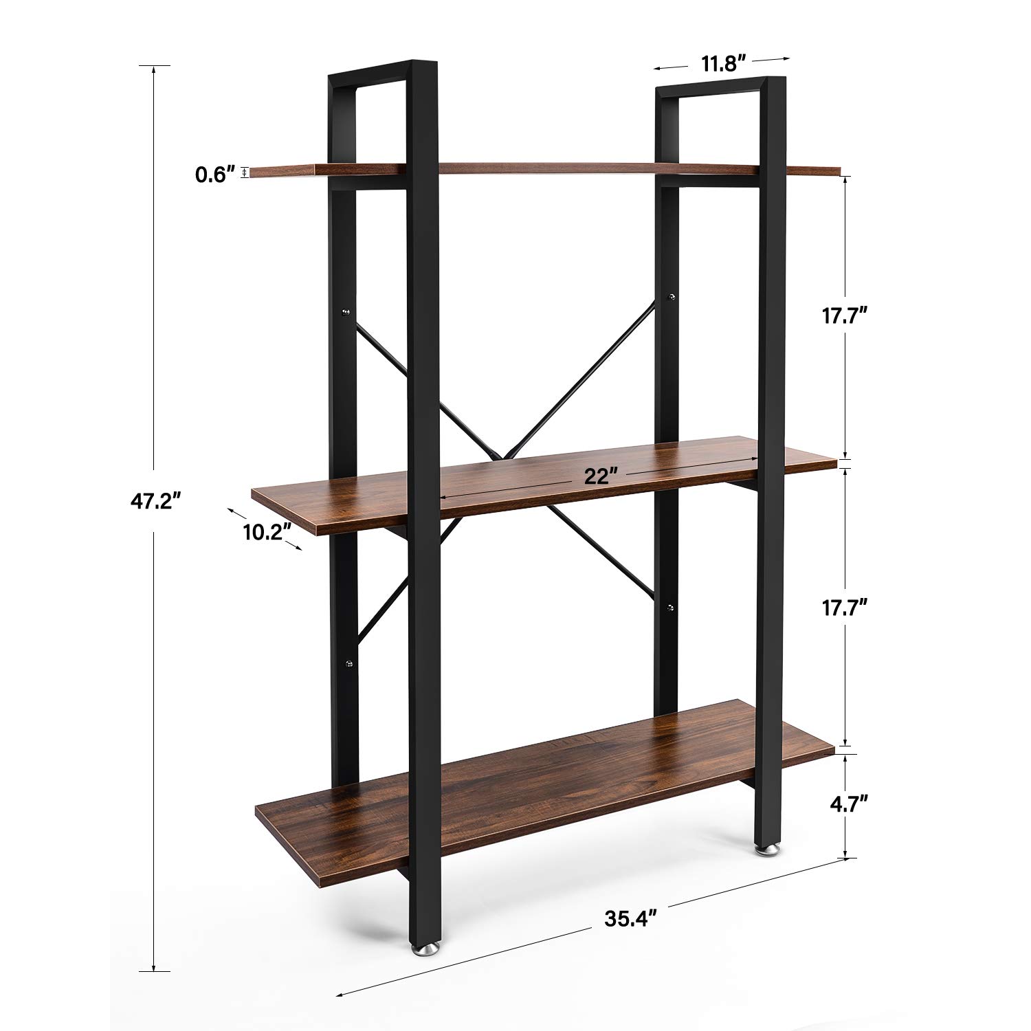 Yesker 3 Tier Bookshelf, Industrial Style Bookcase with Wood and Metal Frame, Open Storage Bookshelf for Home Office, Vintage Brown