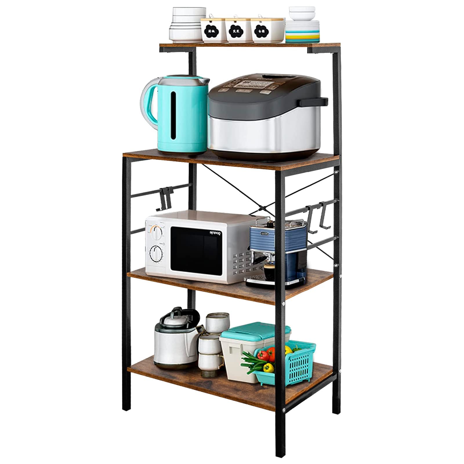 Sasoiky Bakers Rack,4-Tier Kitchen Storage Shelf Rack,Microwave Cart Coffee Bar Stand Rack with 4 Hooks,Bakers Racks for Kitchens with Storage(Light Brown)