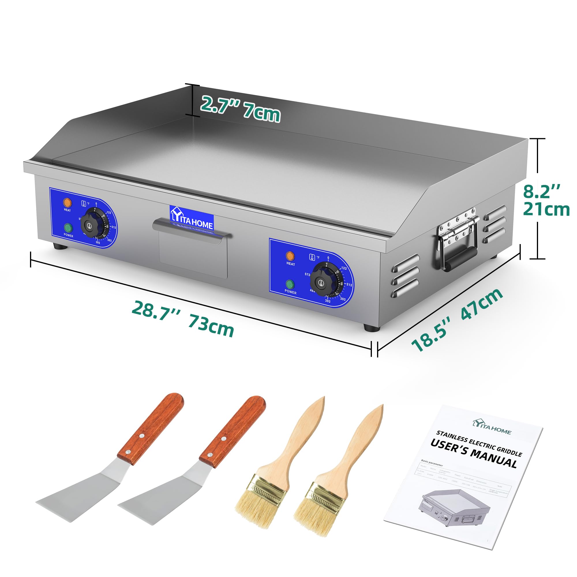 YITAHOME Commercial Electric Griddle 29" with Spring Handle, Dual Temperature Control 4400W Countertop Flat Top Griddle, Non-Stick Countertop Grill for Restaurant BBQ Grill Party (No Plug)
