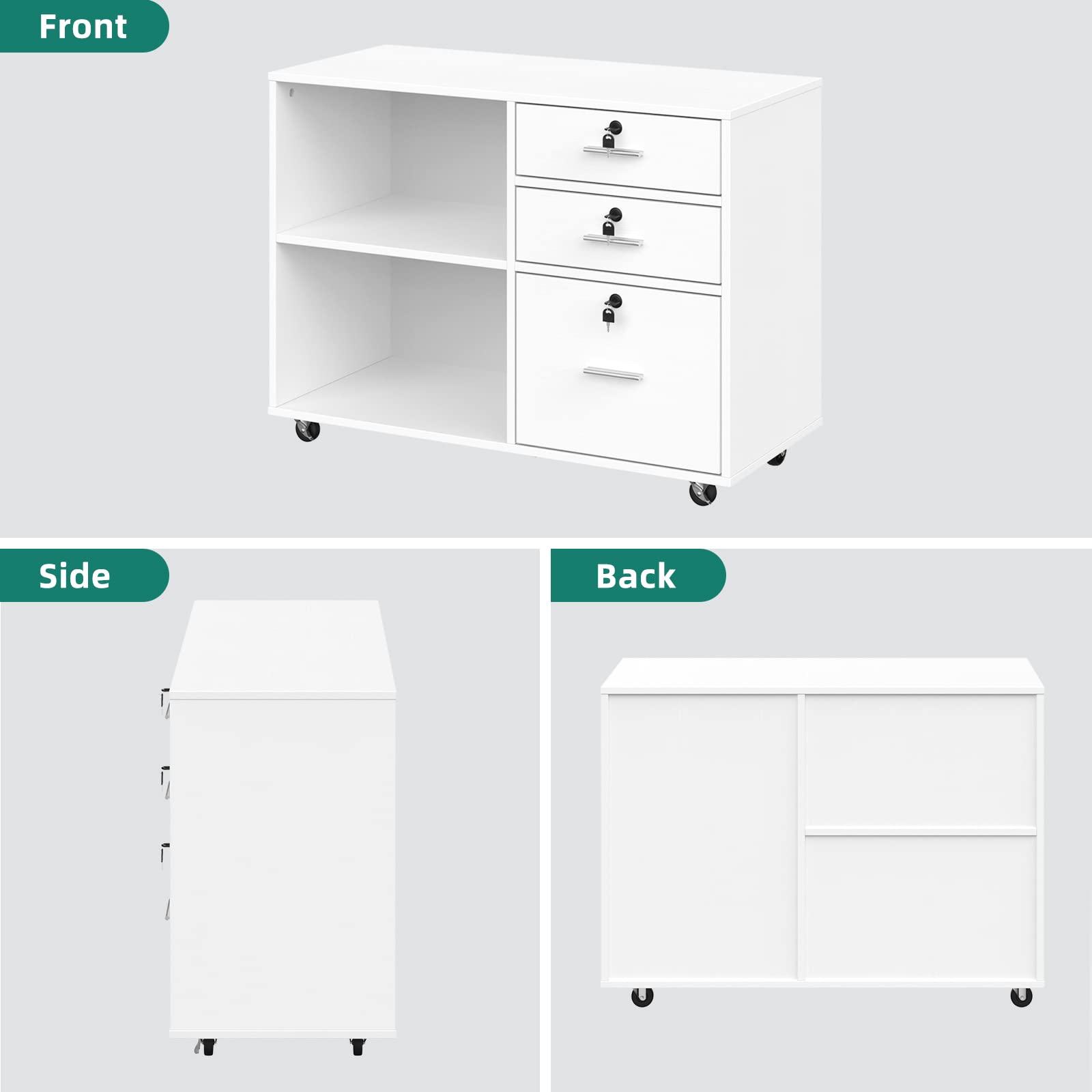 YITAHOME 3 Drawer Wood Lateral File Cabinet, Mobile Filing Cabinet for Letter/A4 Size, Storage Cabinet Printer Stand with 2 Open Shelves for Home Office Organization,White