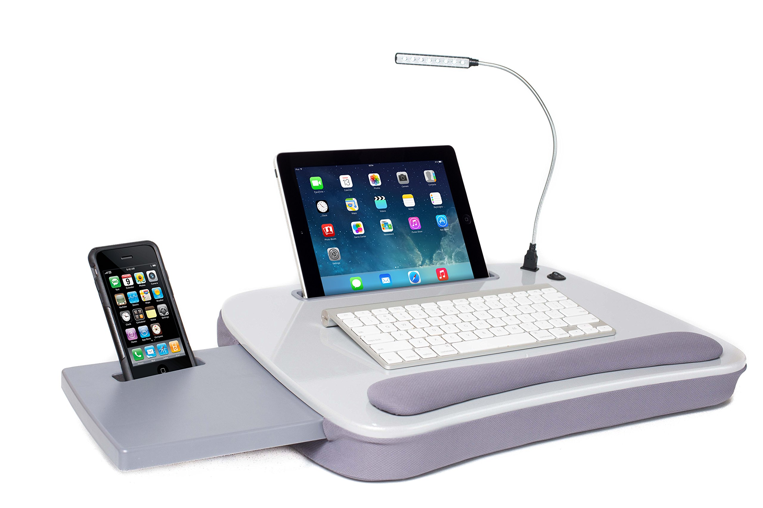 Sofia + Sam Multi Tasking Lap Desk with Memory Foam Cushion | Tablet and Phone Slots and USB Light | Fits Laptops Up to 15" | Tablets Up to 9.6" | Smart Phones Up to 4" | Silver | Wrist Rest